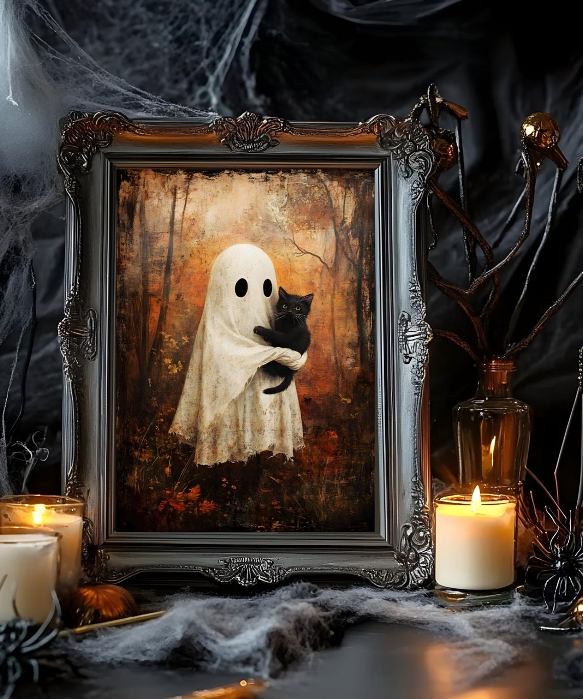 Vintage Ghost With Cat Printable Halloween Wall Art | Cat Lover ...