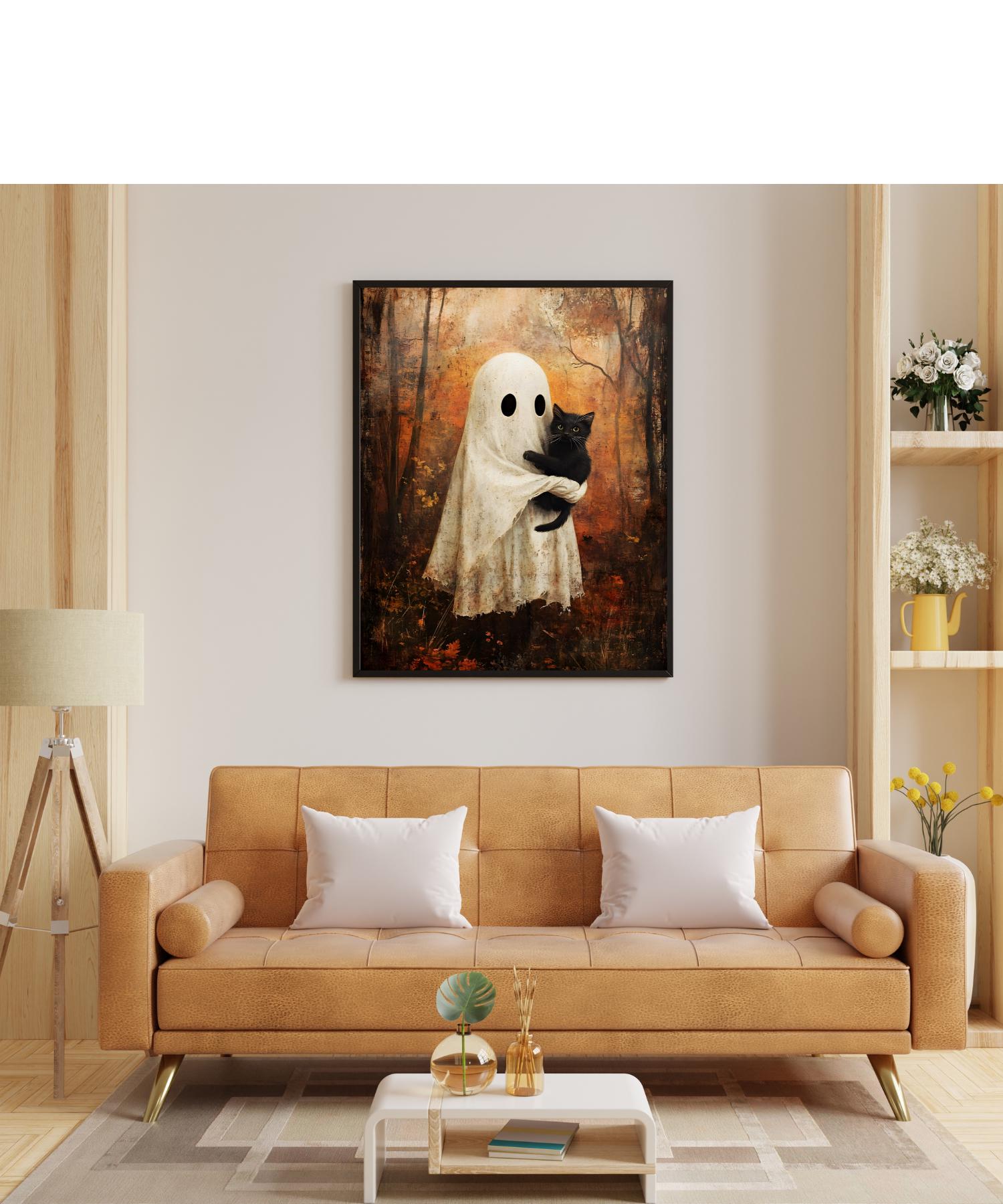 Vintage Ghost With Cat Printable Halloween Wall Art | Cat Lover ...