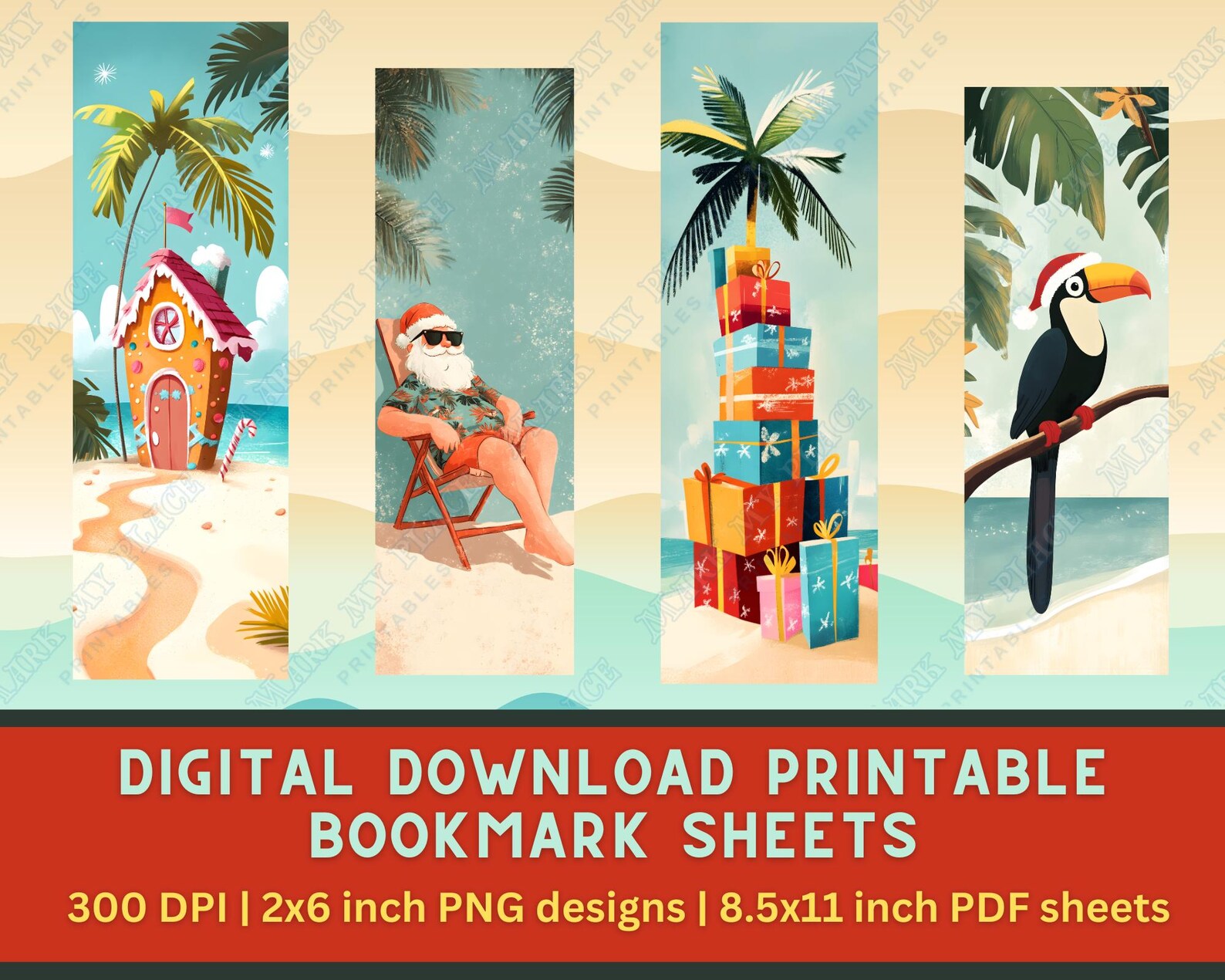 Tropical Christmas Printable Bookmarks PNG Bundle | Hawaiian Christmas ...
