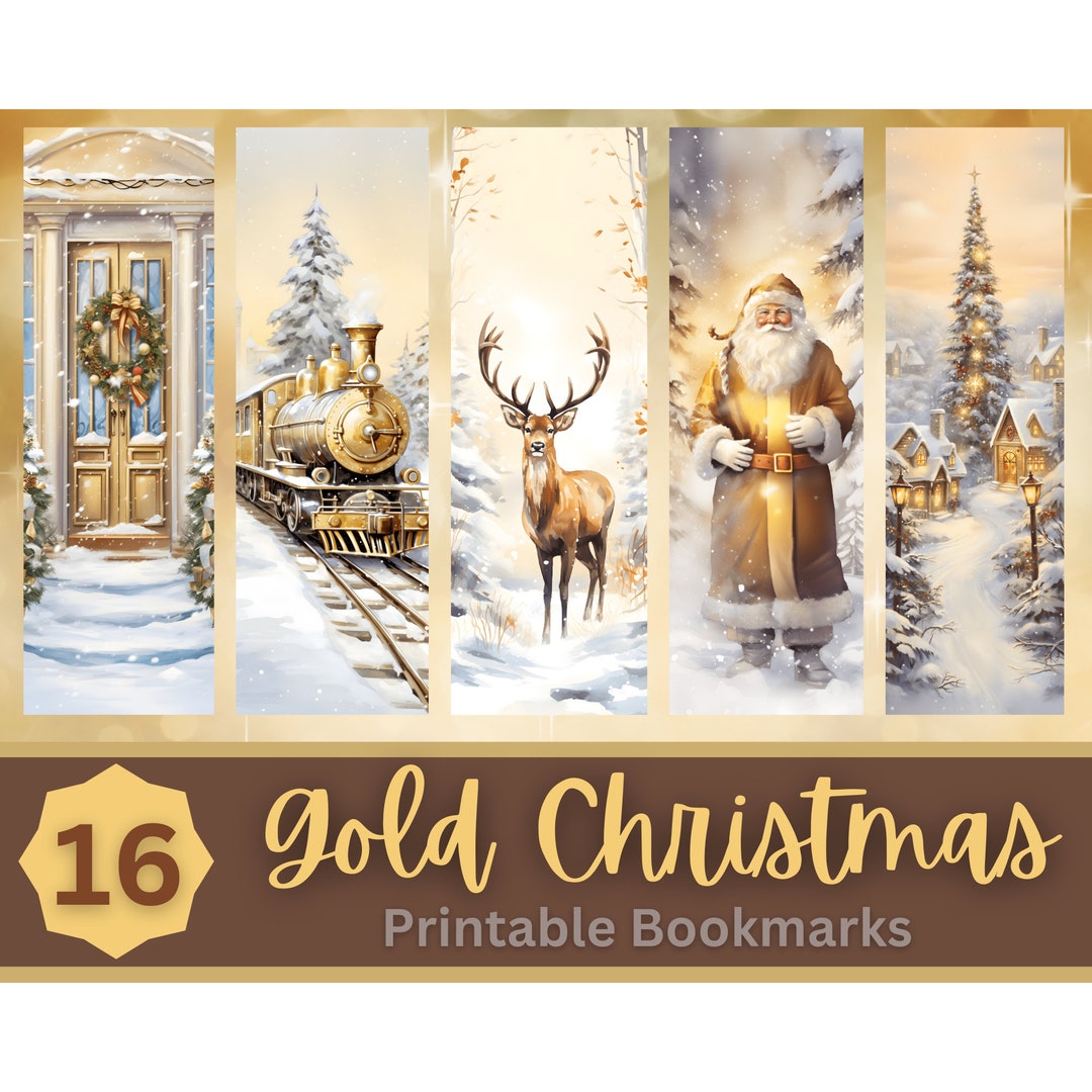 Gold Christmas Printable Bookmarks PNG Bundle | Beautiful Bookmark ...
