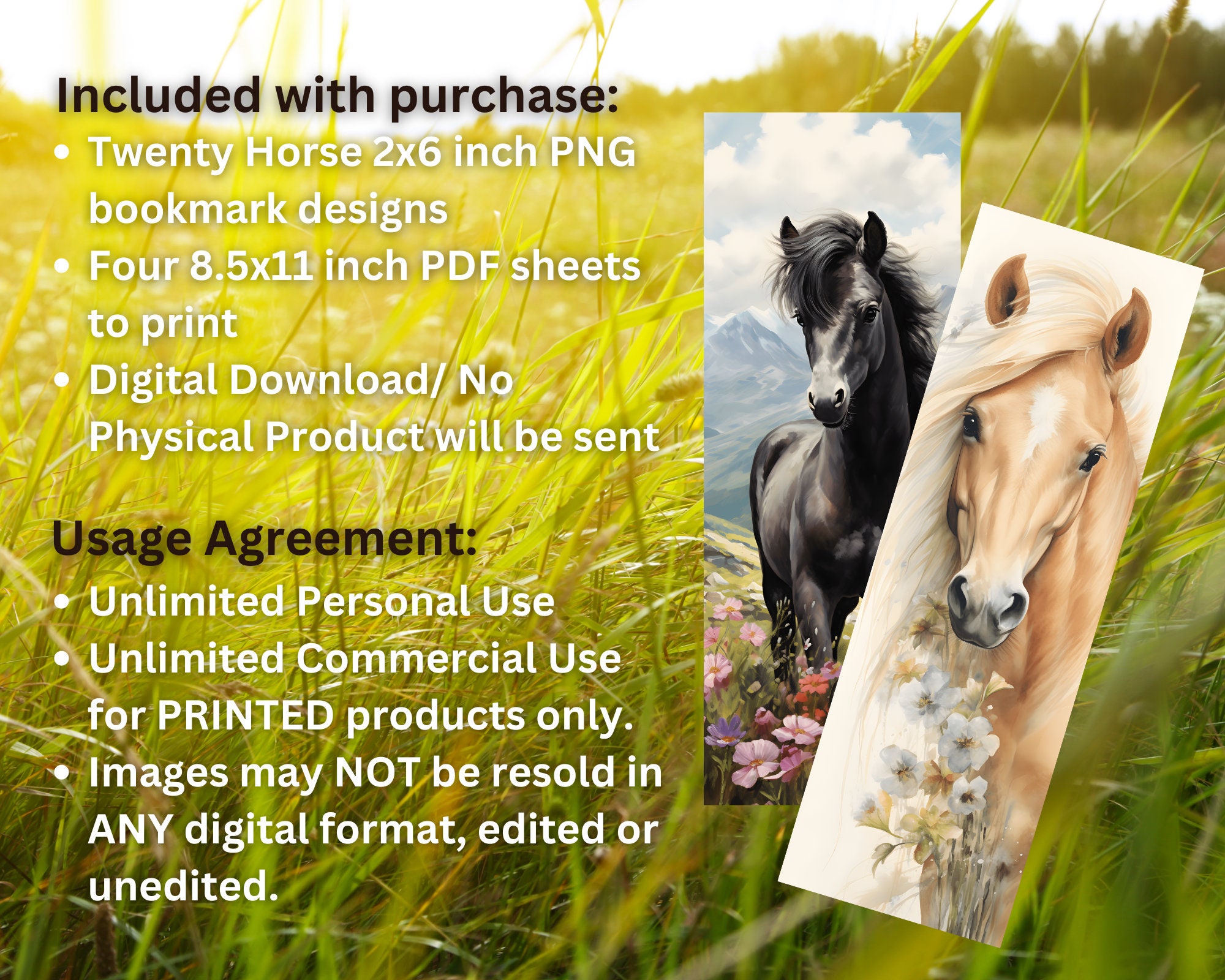 Watercolor Horse Printable Bookmark PNG Bundle | Farm Animal Bookmark ...