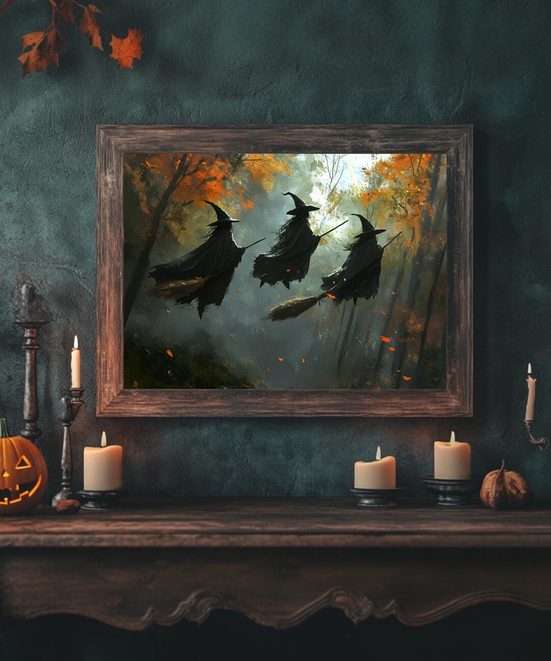 Three Flying Witches on Brooms Printable Maximalist Halloween Wall Art ...