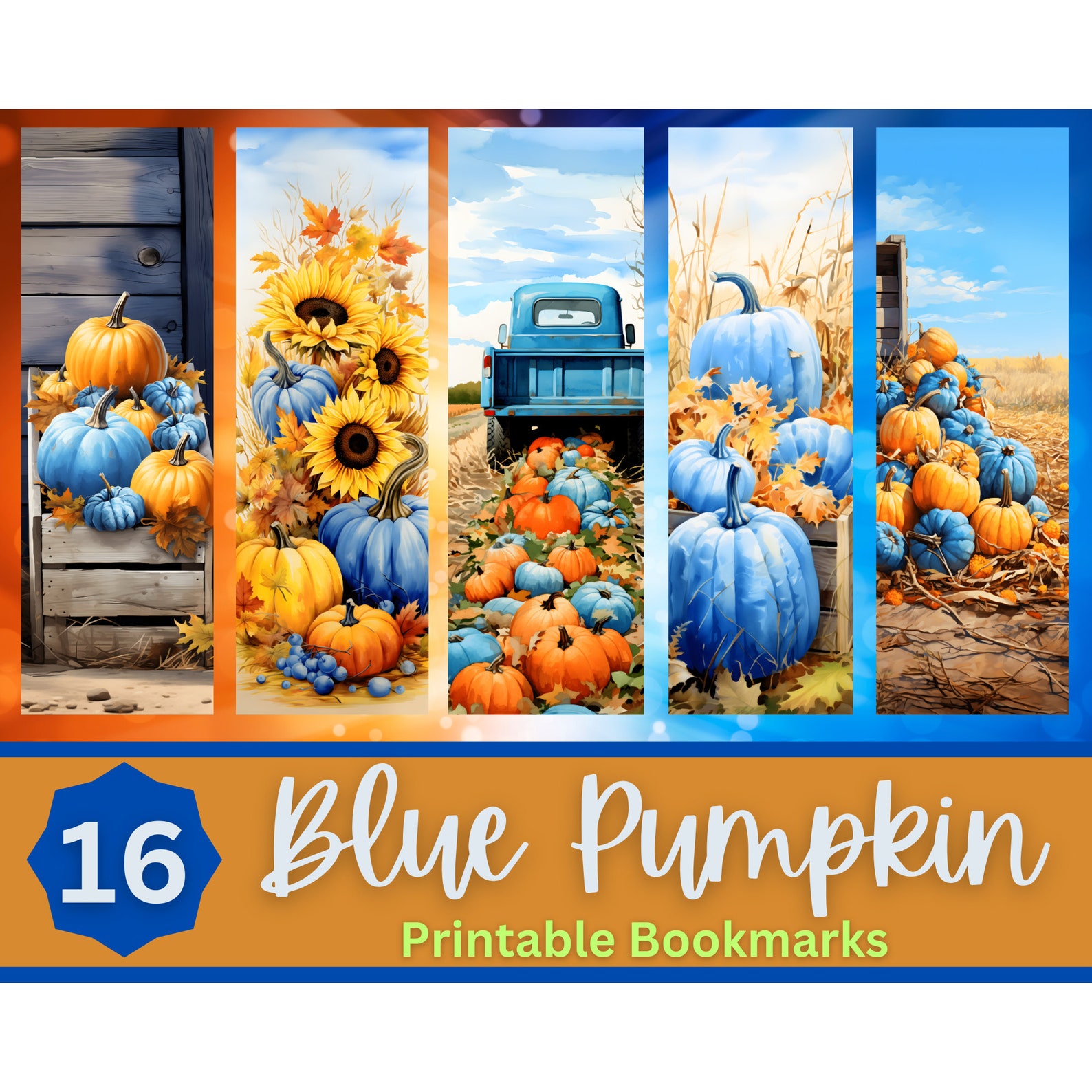Blue Pumpkin Printable Bookmark Bundle Fall Bookmark Sublimation Print ...