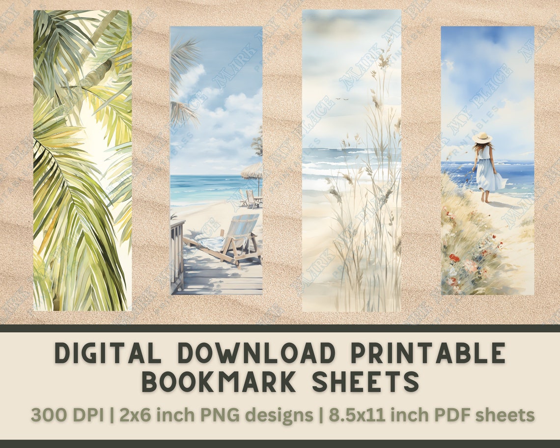 Bohemian Beach Printable Bookmarks PNG Bundle Beach Bookmark Muted ...