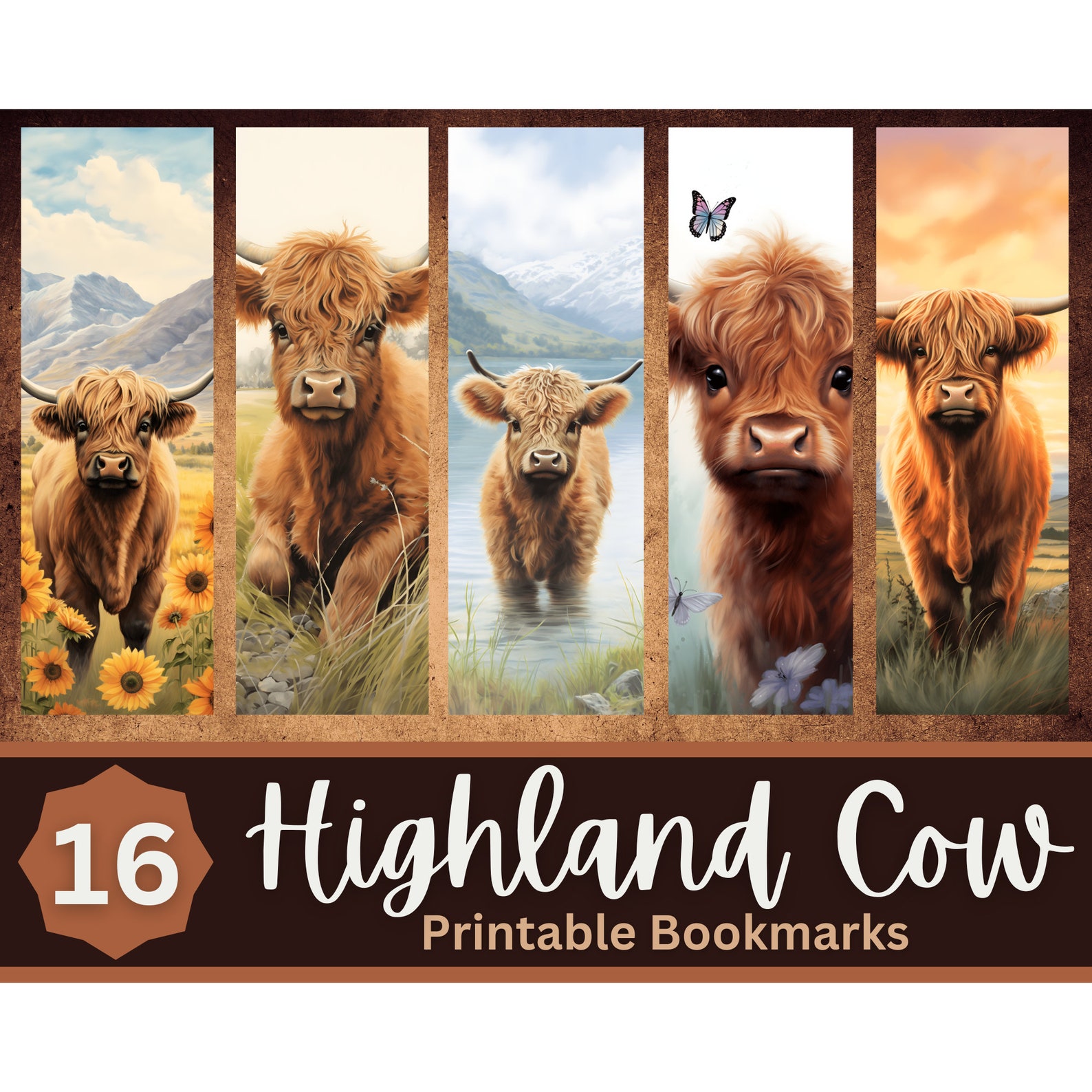 Cute Highland Cow Printable Bookmark PNG Bundle | Farm Animal Bookmark ...