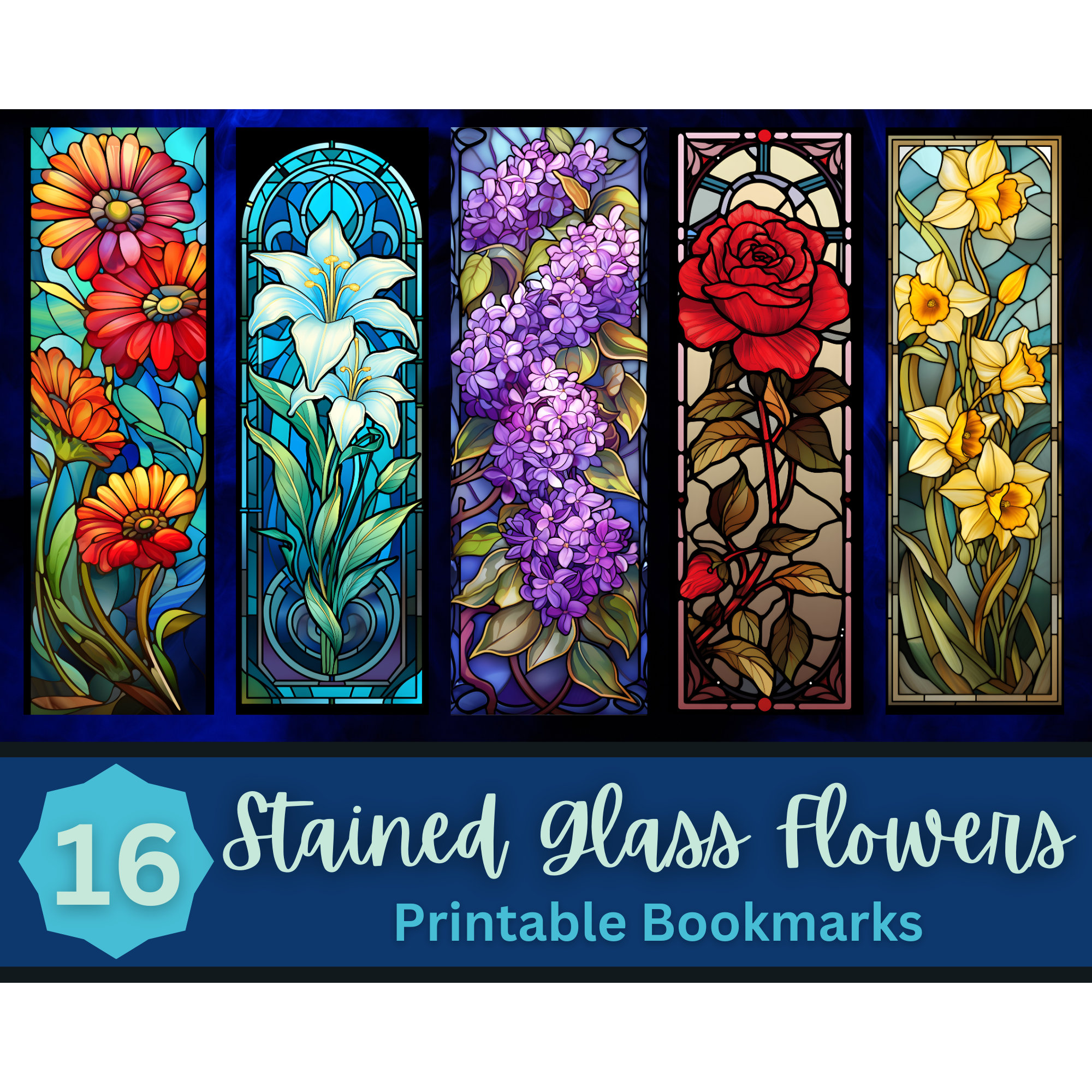 Stained Glass Flower Printable Bookmarks PNG Bundle Flower Bookmark ...