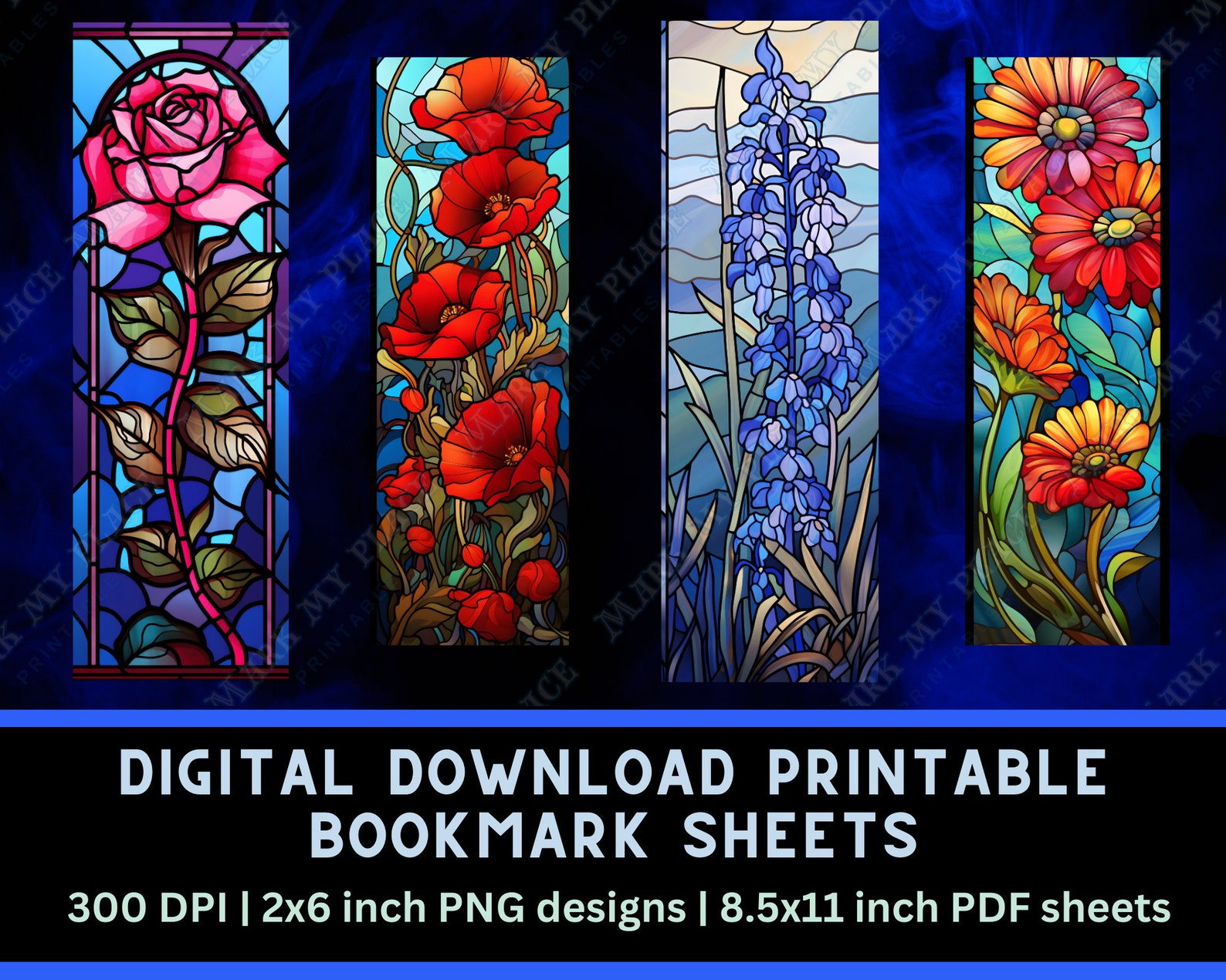 Stained Glass Flower Printable Bookmarks PNG Bundle | Flower Bookmark ...