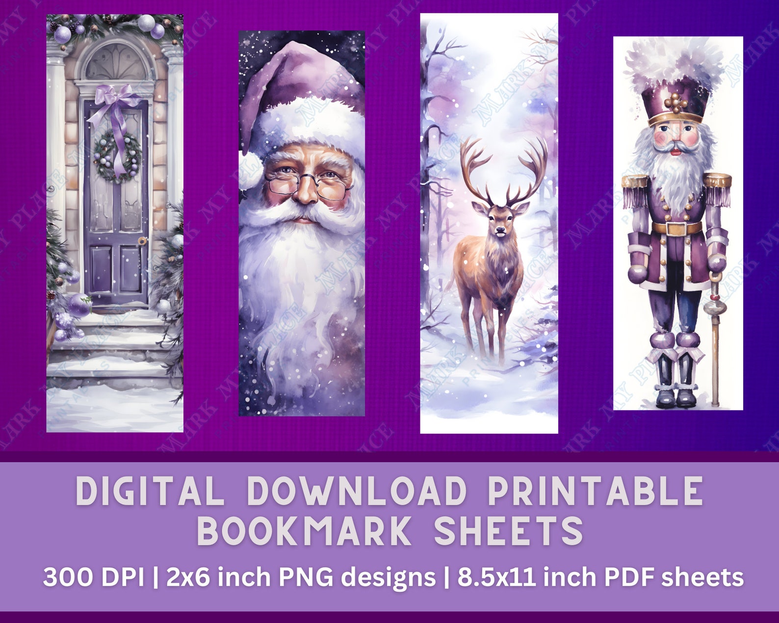 Purple Christmas Printable Bookmarks PNG Bundle | Beautiful Bookmark ...