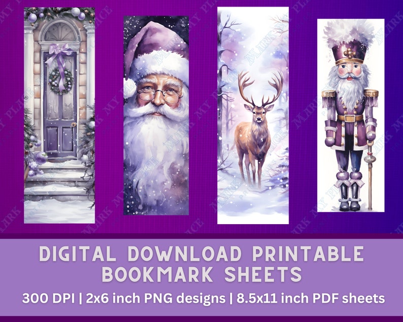 Purple Christmas Printable Bookmarks PNG Bundle | Beautiful Bookmark ...