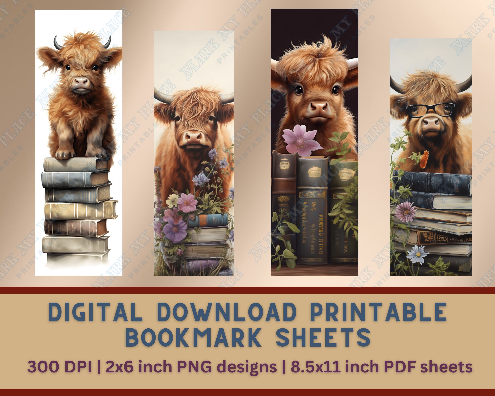 Reading Highland Cow Printable Bookmark PNG Bundle | Animal Bookmark ...
