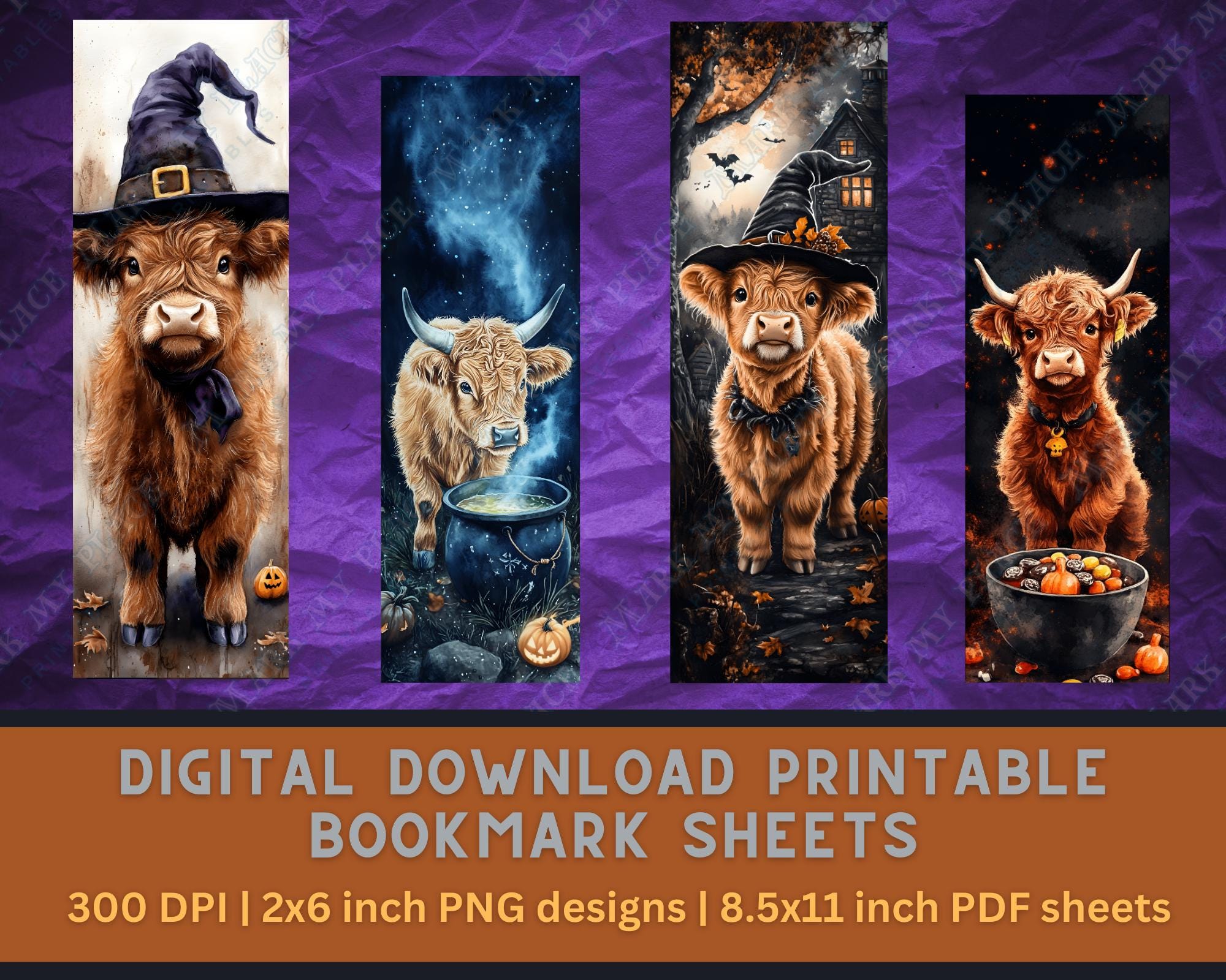 Halloween Highland Cow Printable Bookmark Bundle | Tall Skinny Art ...
