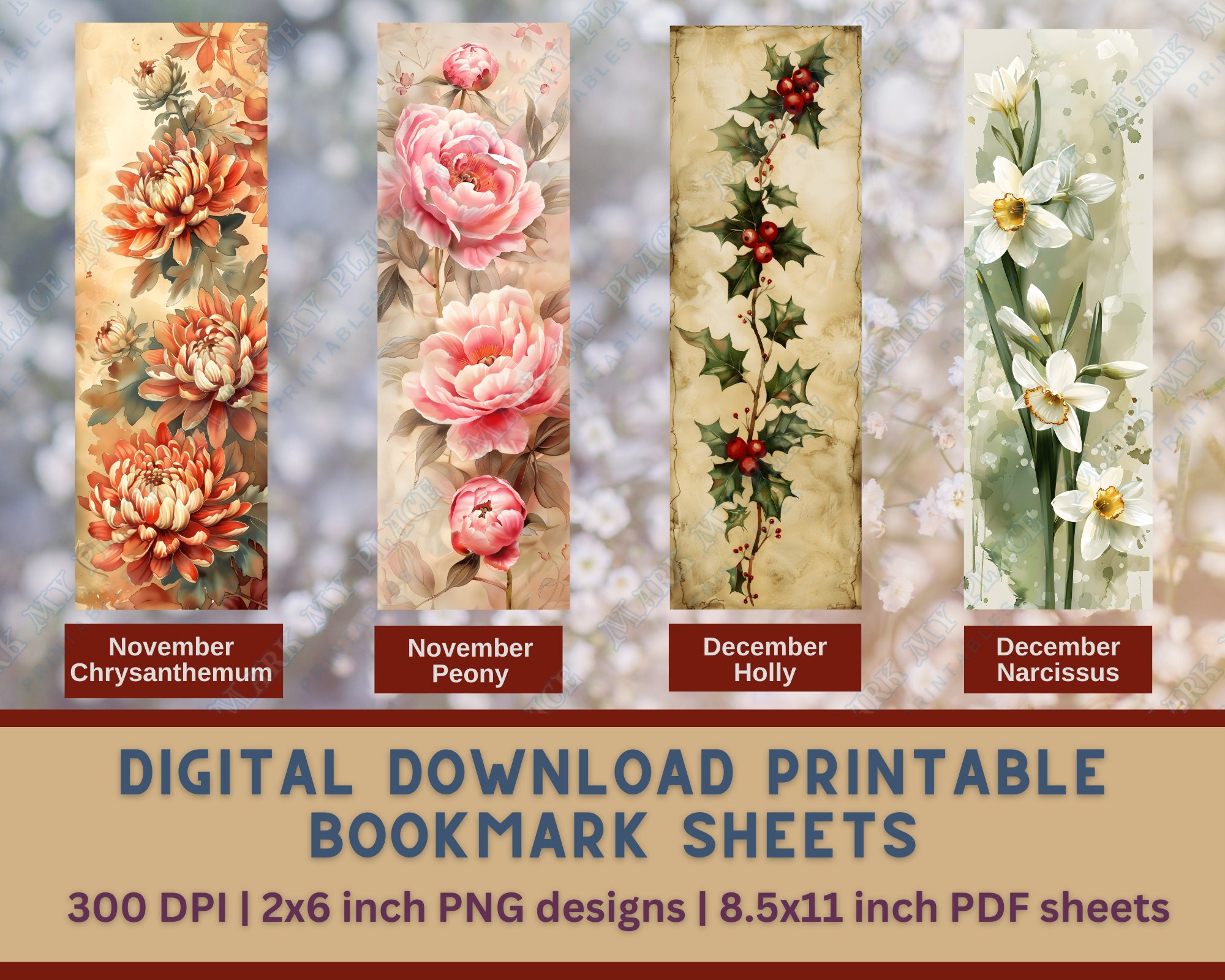 Birth Flower Printable Bookmarks PNG Bundle | Floral Bookmark | Nature ...