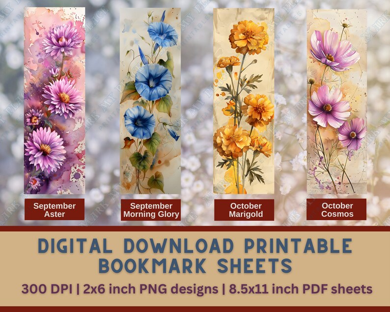 Birth Flower Printable Bookmarks PNG Bundle Floral Bookmark Nature ...