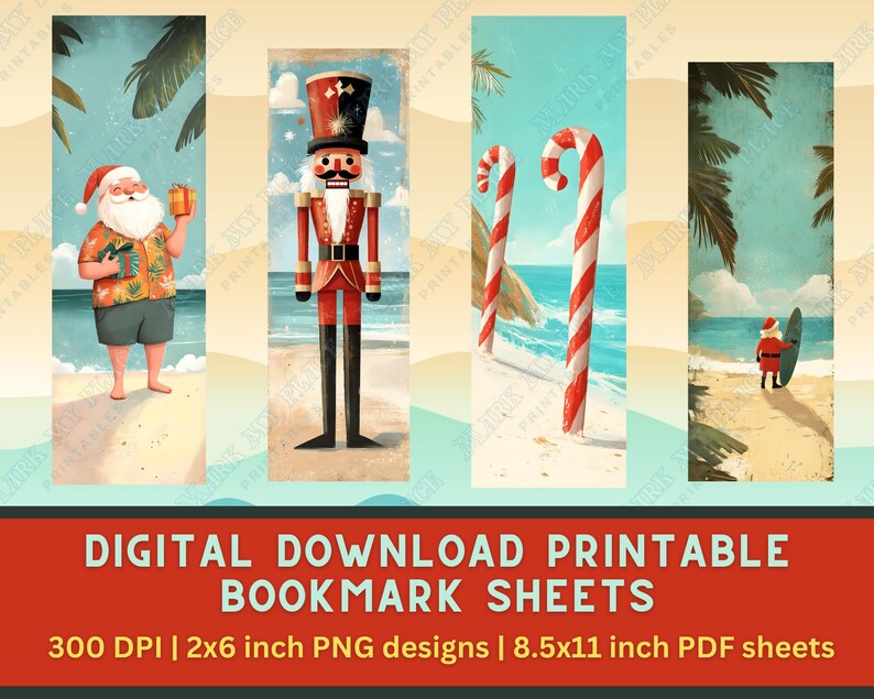 Tropical Christmas Printable Bookmarks PNG Bundle | Hawaiian Christmas ...