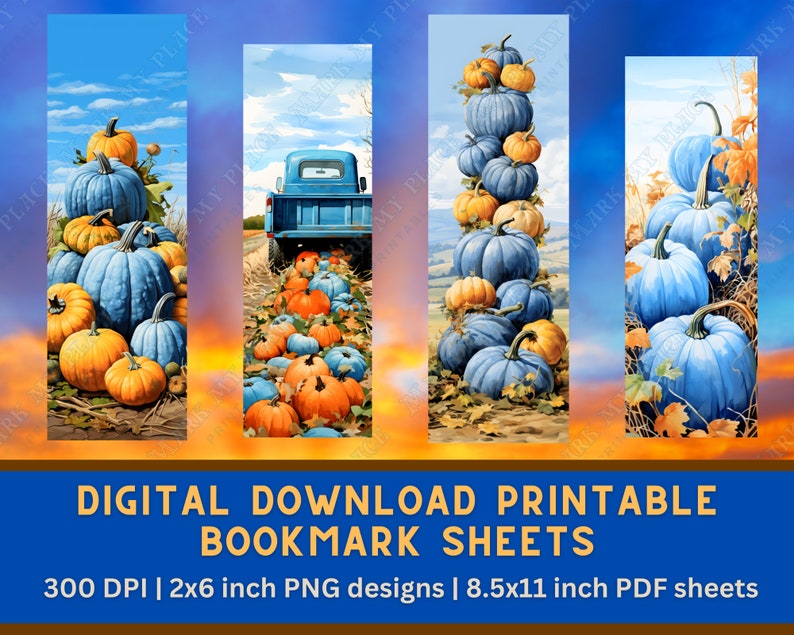 Blue Pumpkin Printable Bookmark Bundle Fall Bookmark Sublimation Print ...