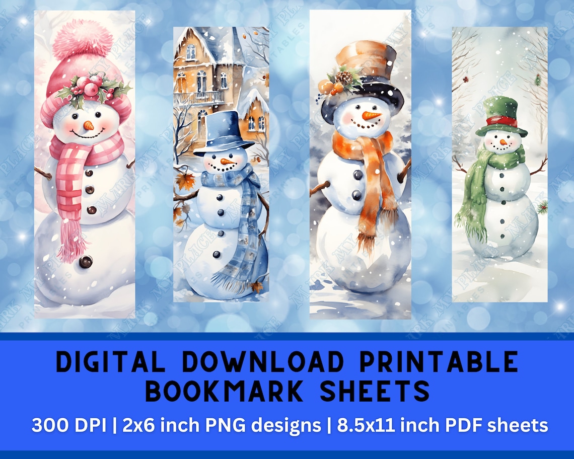 Cute Snowman Printable Bookmarks PNG Bundle | Beautiful Bookmark | Cute ...