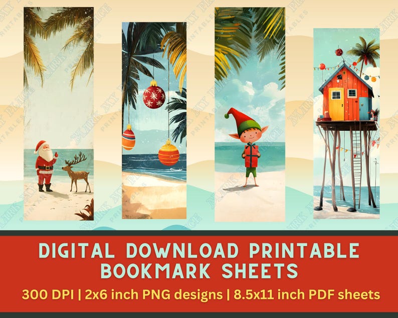 Tropical Christmas Printable Bookmarks PNG Bundle | Hawaiian Christmas ...