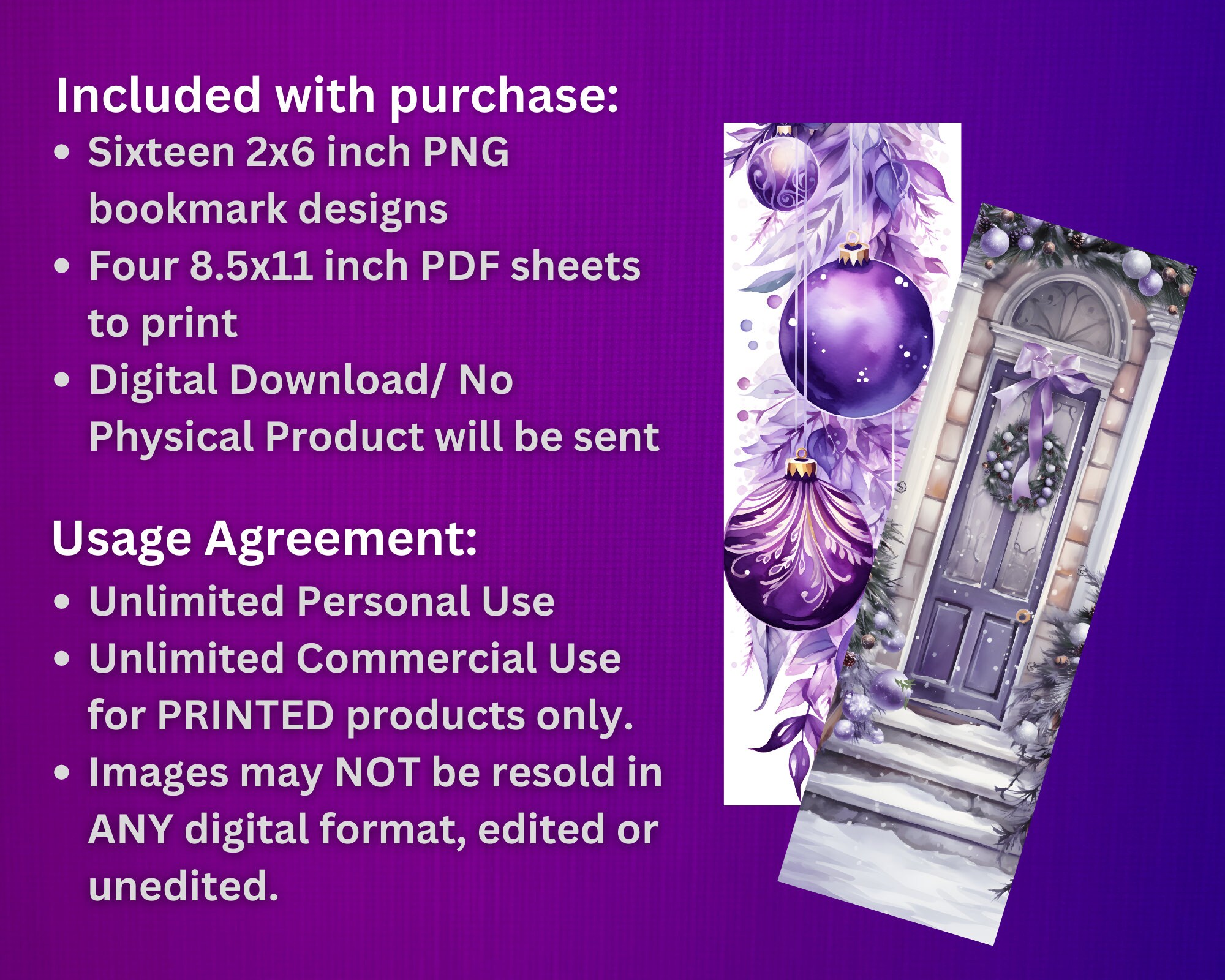 Purple Christmas Printable Bookmarks PNG Bundle | Beautiful Bookmark ...