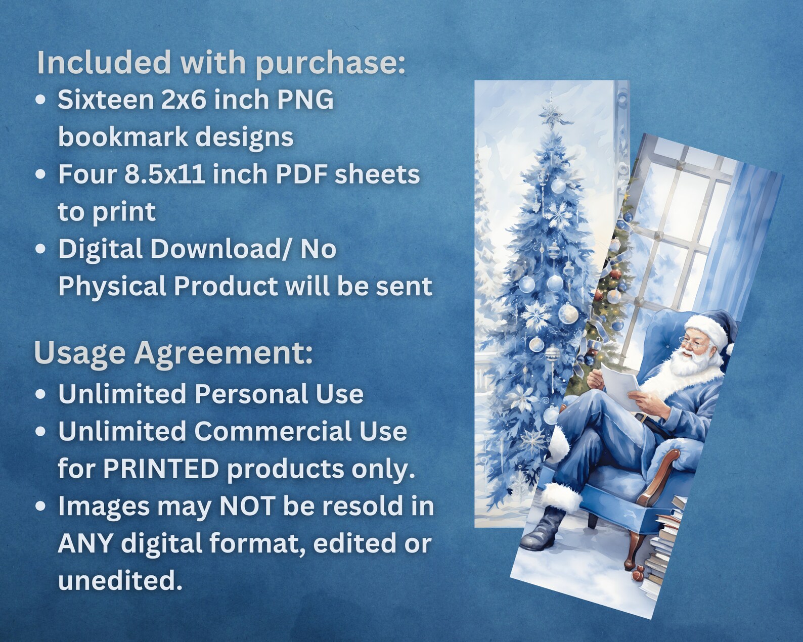 Blue Christmas Printable Bookmarks PNG Bundle | Beautiful Bookmark ...