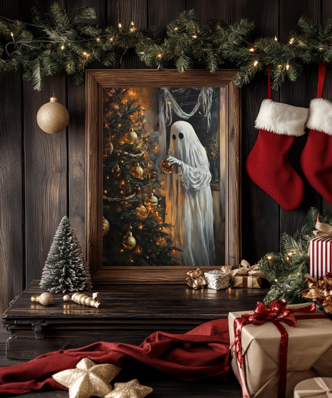 Ghost With Christmas Tree Printable Halloween Wall Art | Dark Moody ...