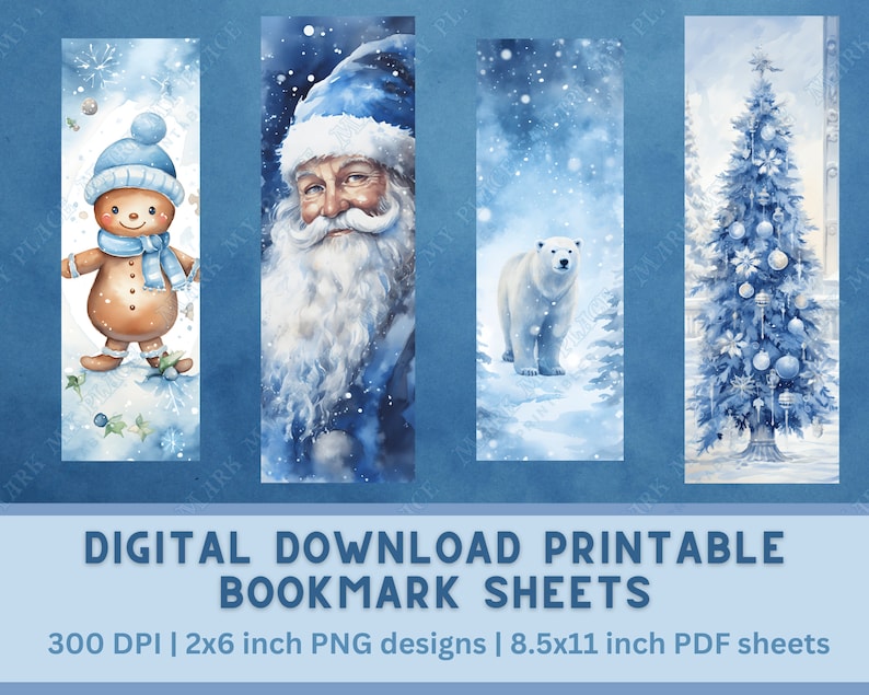 Blue Christmas Printable Bookmarks PNG Bundle | Beautiful Bookmark ...