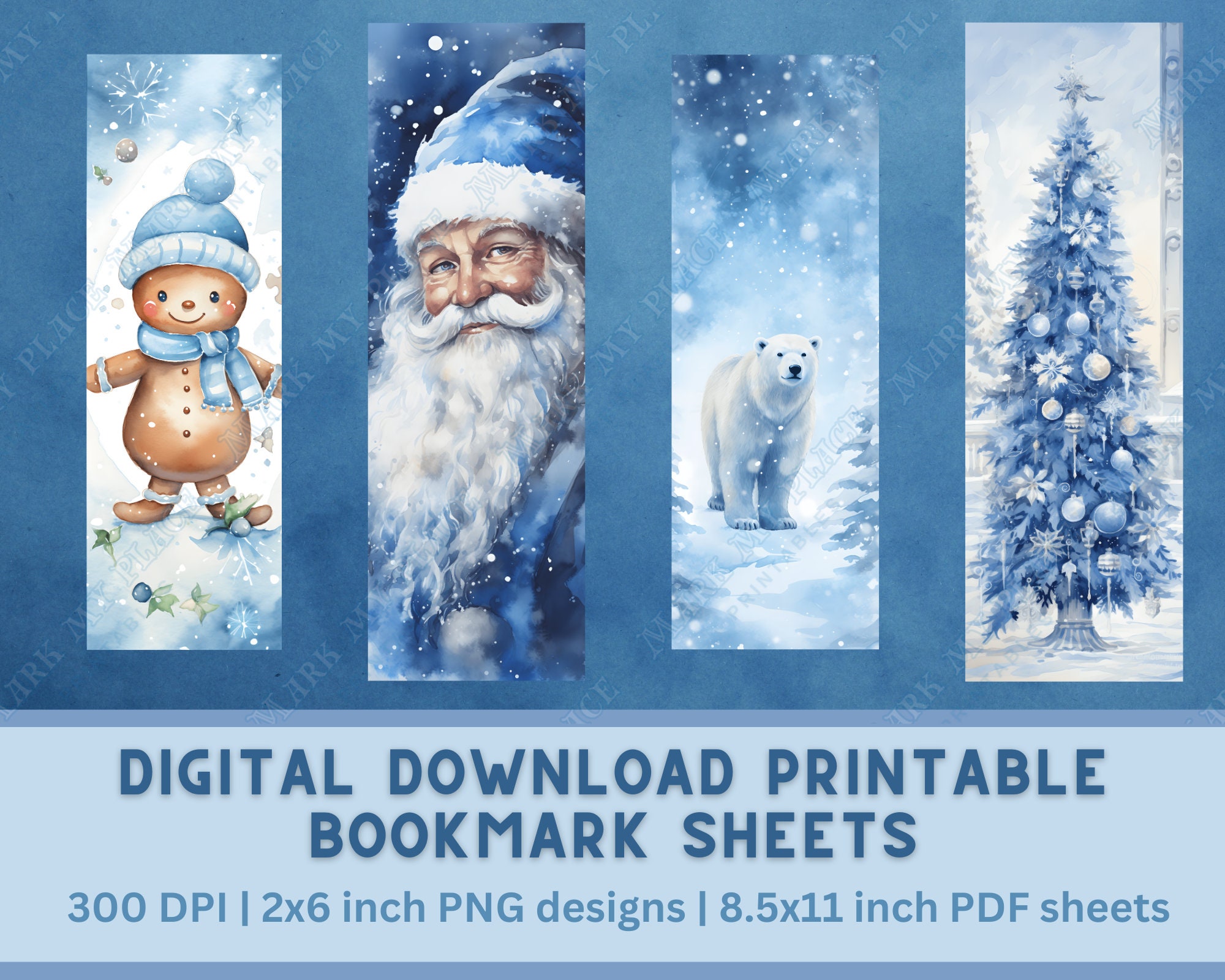 Blue Christmas Printable Bookmarks PNG Bundle | Beautiful Bookmark ...