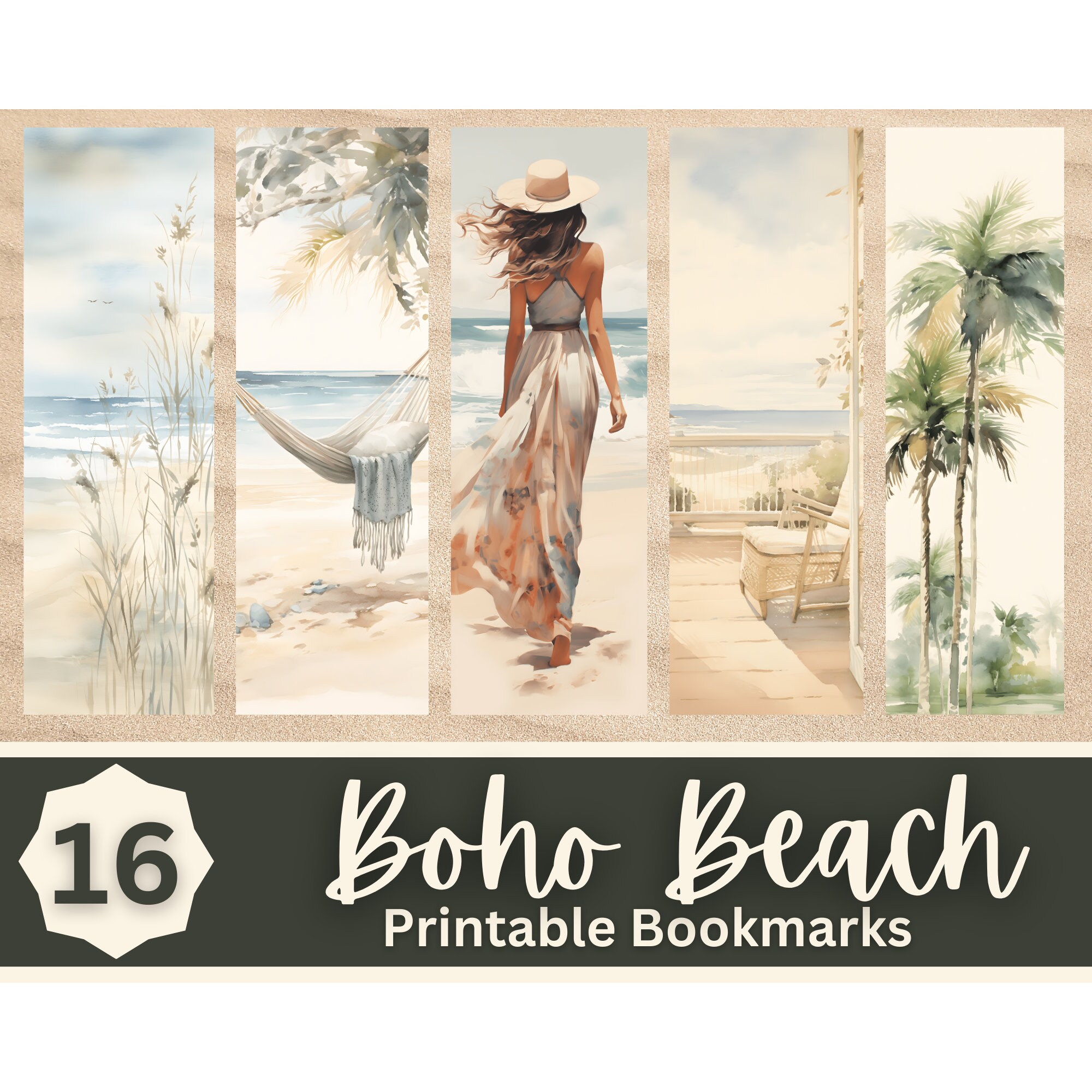 Bohemian Beach Printable Bookmarks PNG Bundle Beach Bookmark Muted ...
