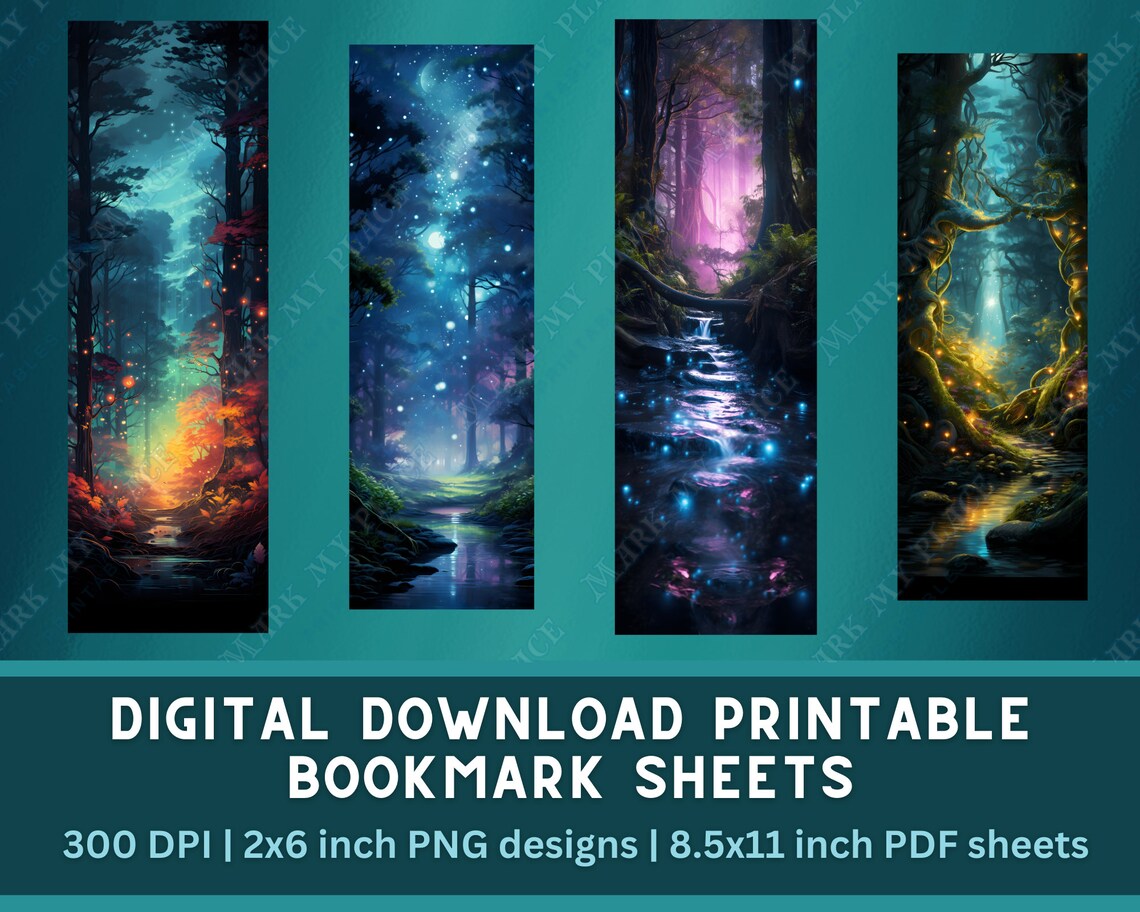 Starry Forest Printable Bookmark PNG Bundle | Fantasy Forest Bookmark ...