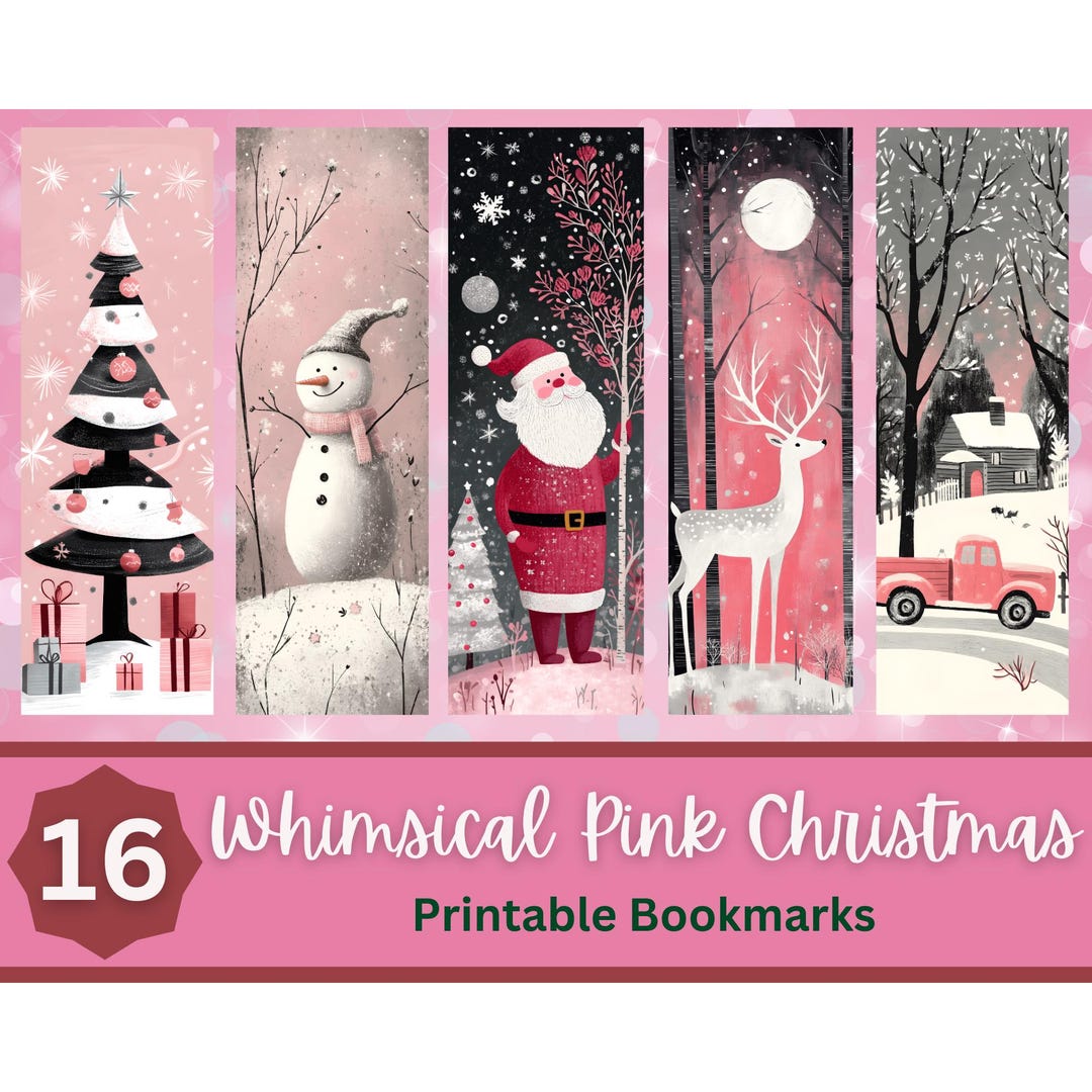 Whimsical Pink Christmas Printable Bookmarks PNG | Holiday Printable ...