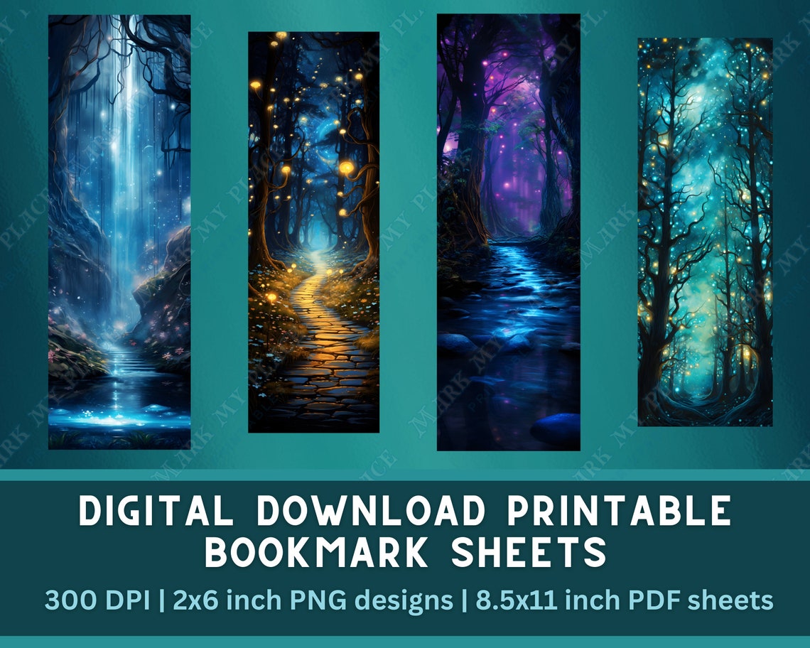 Starry Forest Printable Bookmark PNG Bundle | Fantasy Forest Bookmark ...