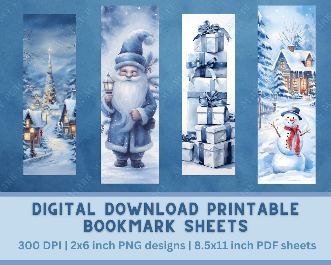 Blue Christmas Printable Bookmarks PNG Bundle | Beautiful Bookmark ...