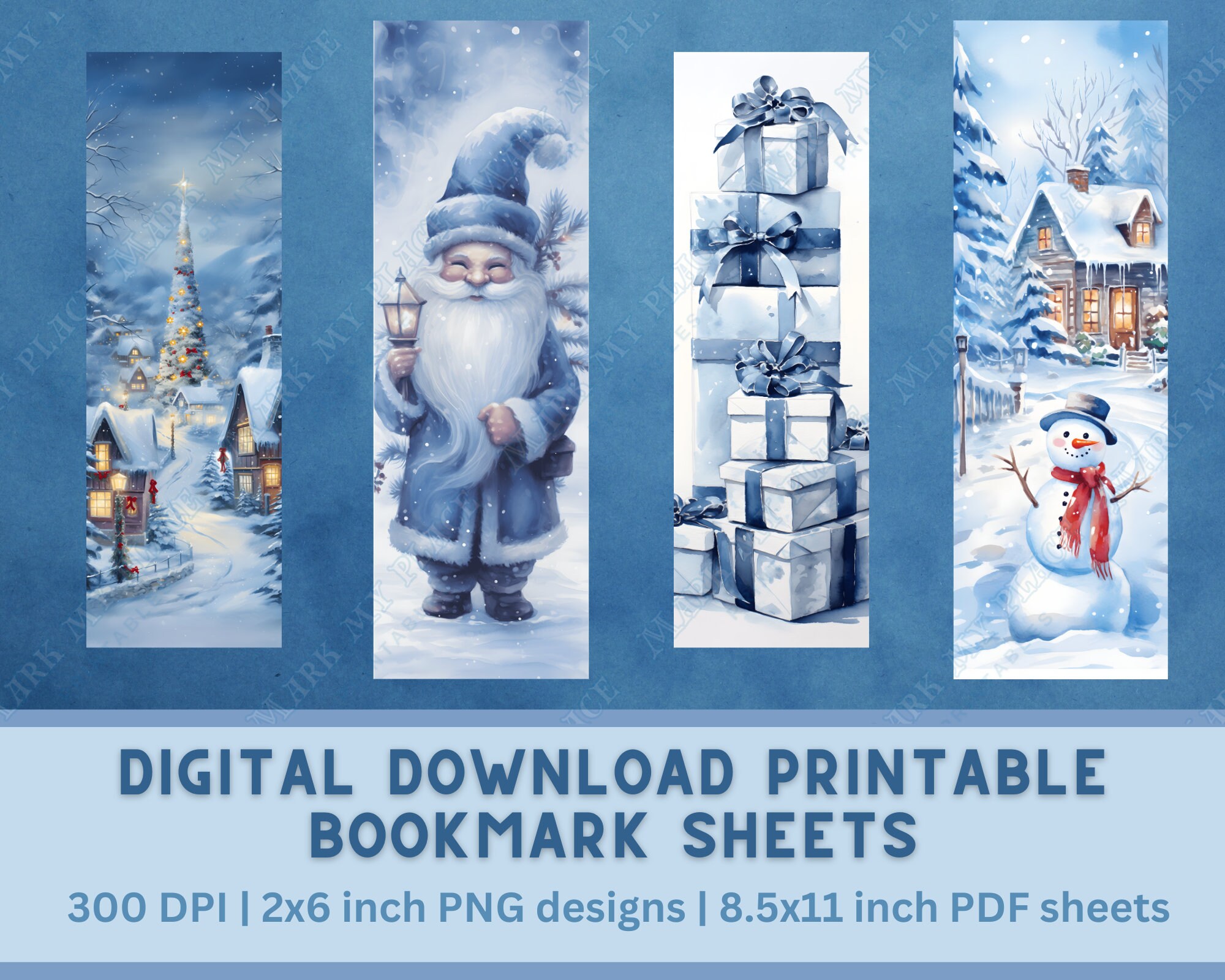 Blue Christmas Printable Bookmarks PNG Bundle | Beautiful Bookmark ...