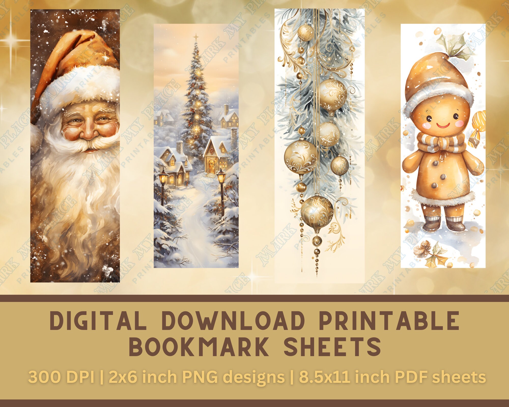 Gold Christmas Printable Bookmarks PNG Bundle | Beautiful Bookmark ...