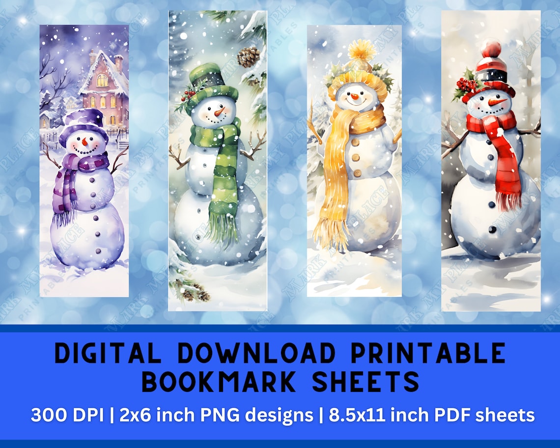 Cute Snowman Printable Bookmarks PNG Bundle | Beautiful Bookmark | Cute ...