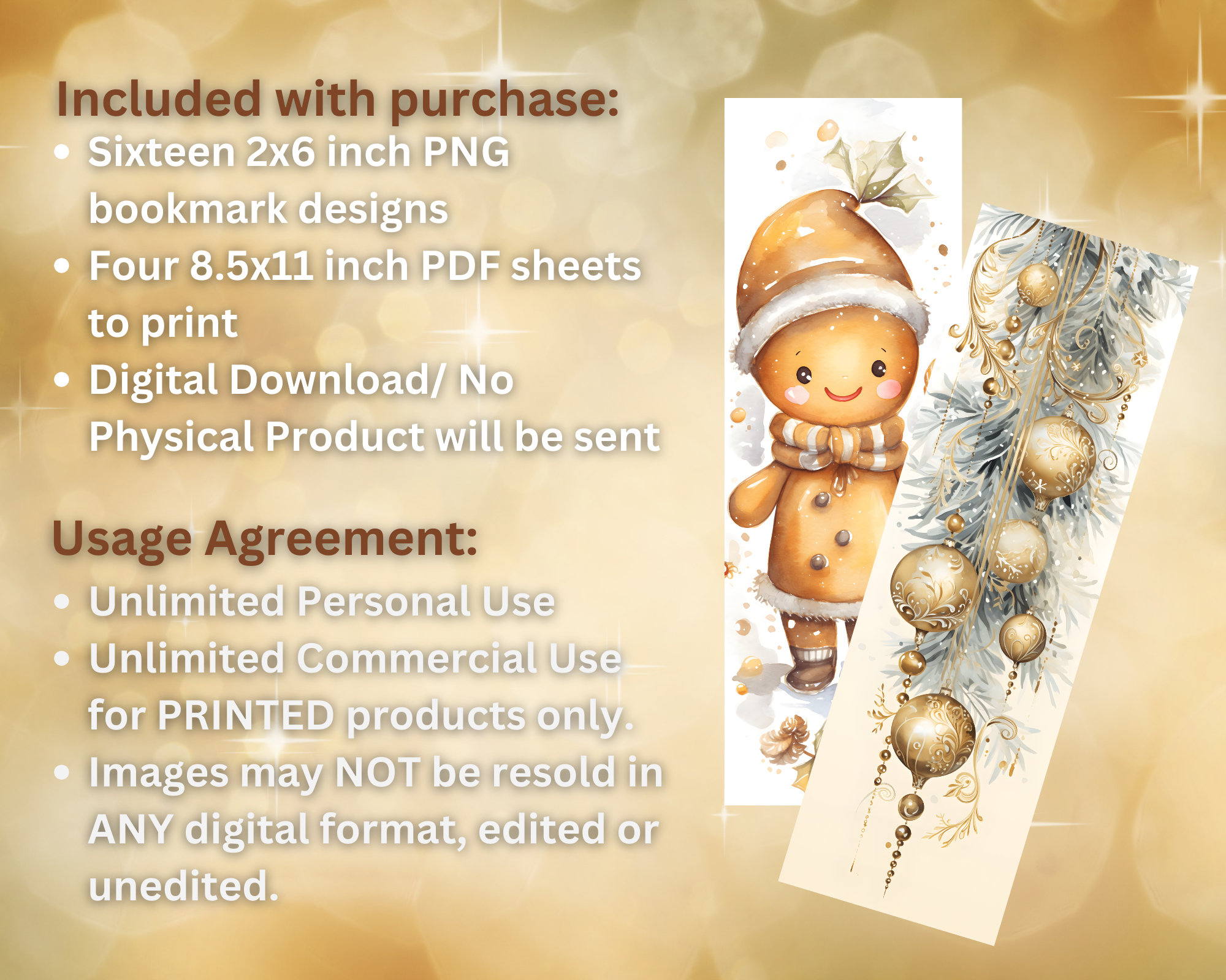 Gold Christmas Printable Bookmarks PNG Bundle | Beautiful Bookmark ...