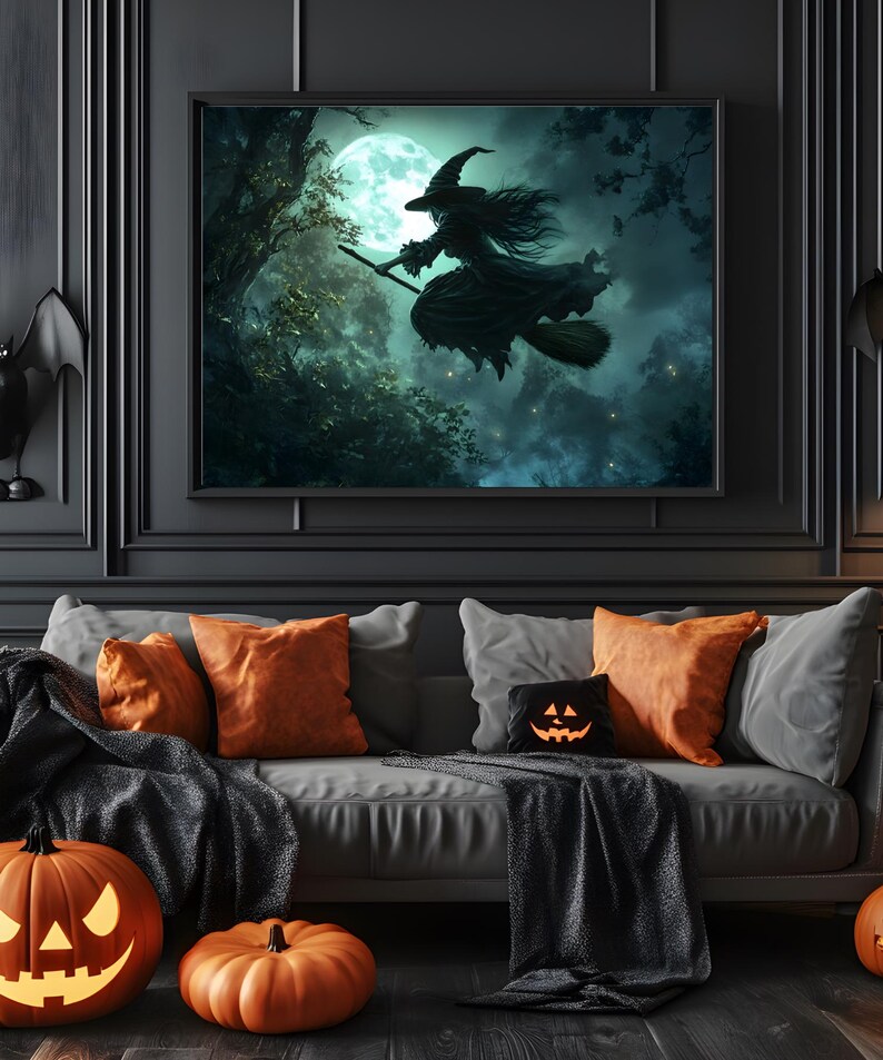 Flying Forest Witch Printable Maximalist Rustic Halloween Village Wall ...