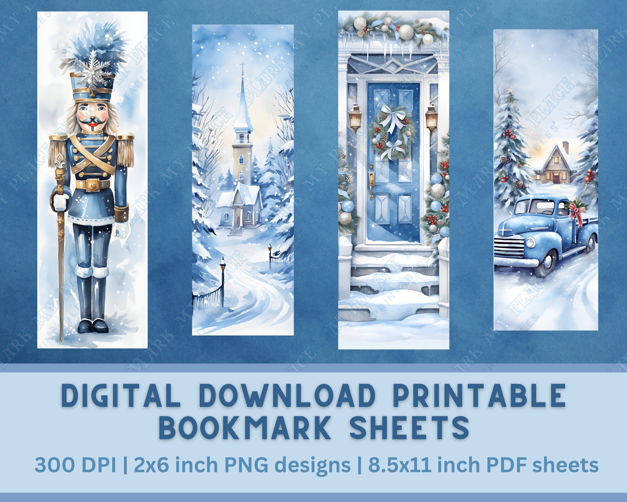 Blue Christmas Printable Bookmarks PNG Bundle | Beautiful Bookmark ...