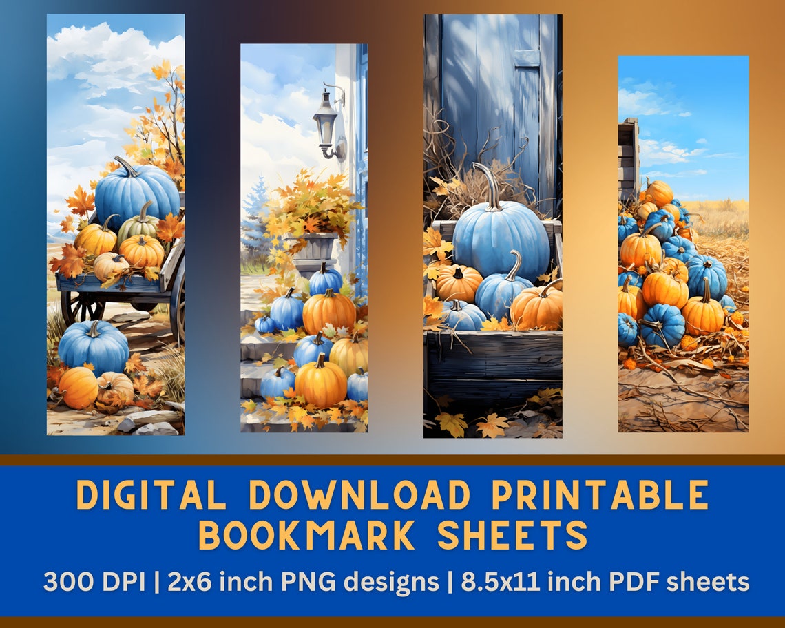 Blue Pumpkin Printable Bookmark Bundle Fall Bookmark Sublimation Print ...
