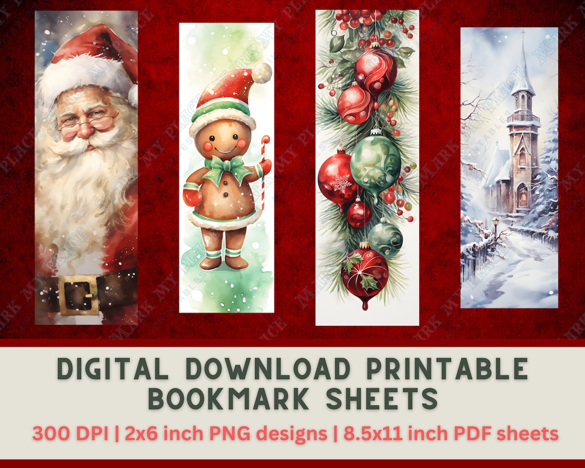 Christmas Printable Bookmarks PNG Bundle | Beautiful Bookmark | Red ...