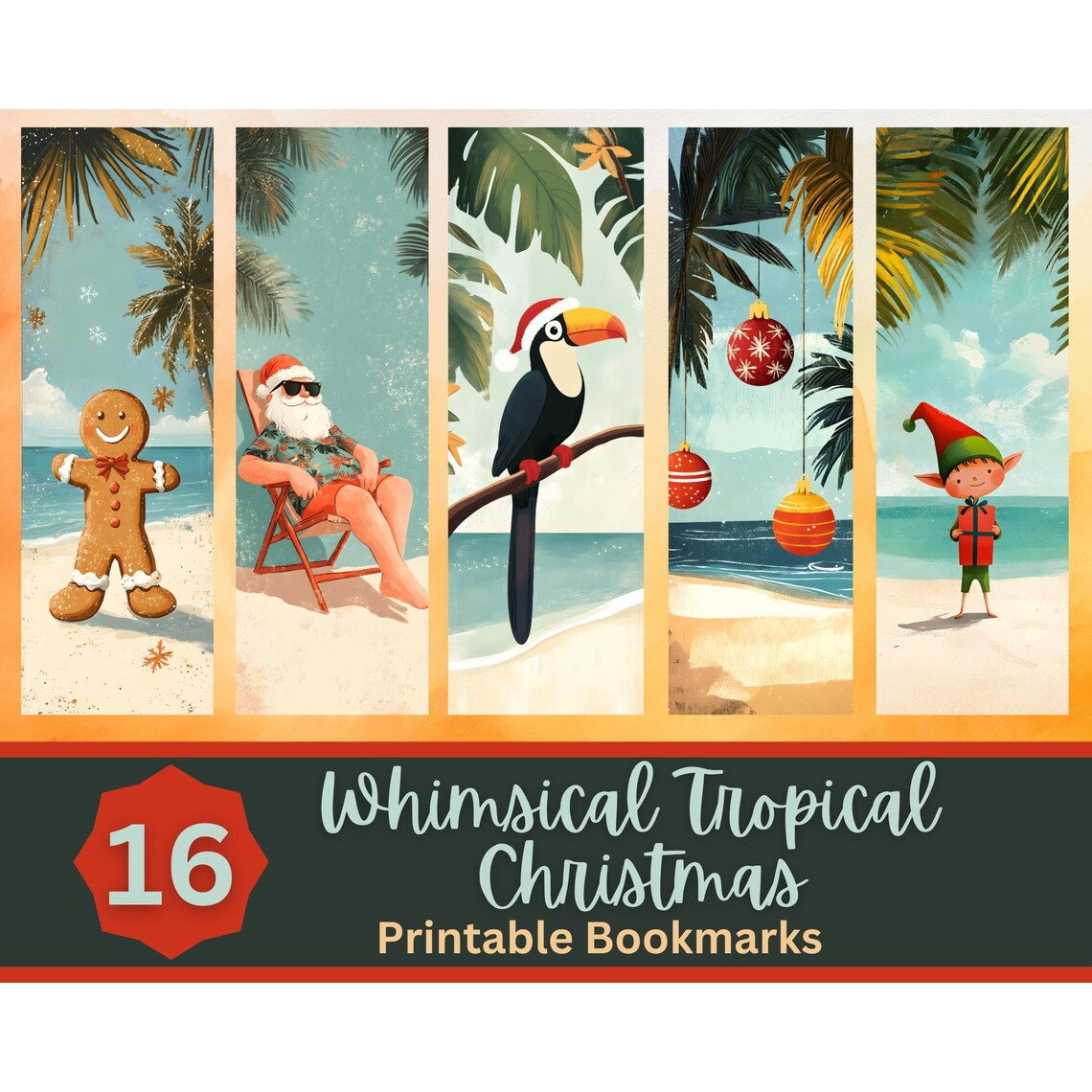 Tropical Christmas Printable Bookmarks PNG Bundle | Hawaiian Christmas ...