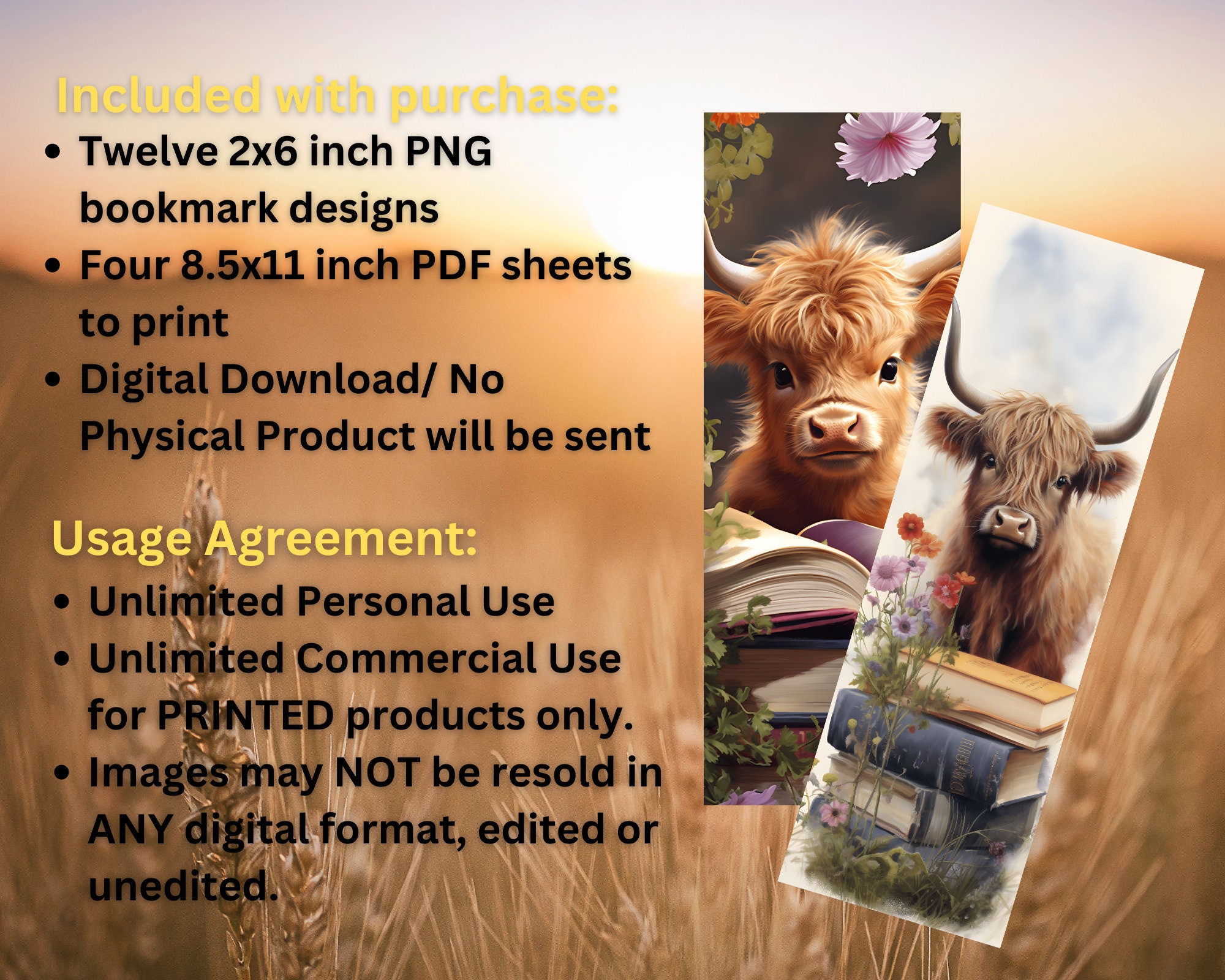 Reading Highland Cow Printable Bookmark PNG Bundle | Animal Bookmark ...