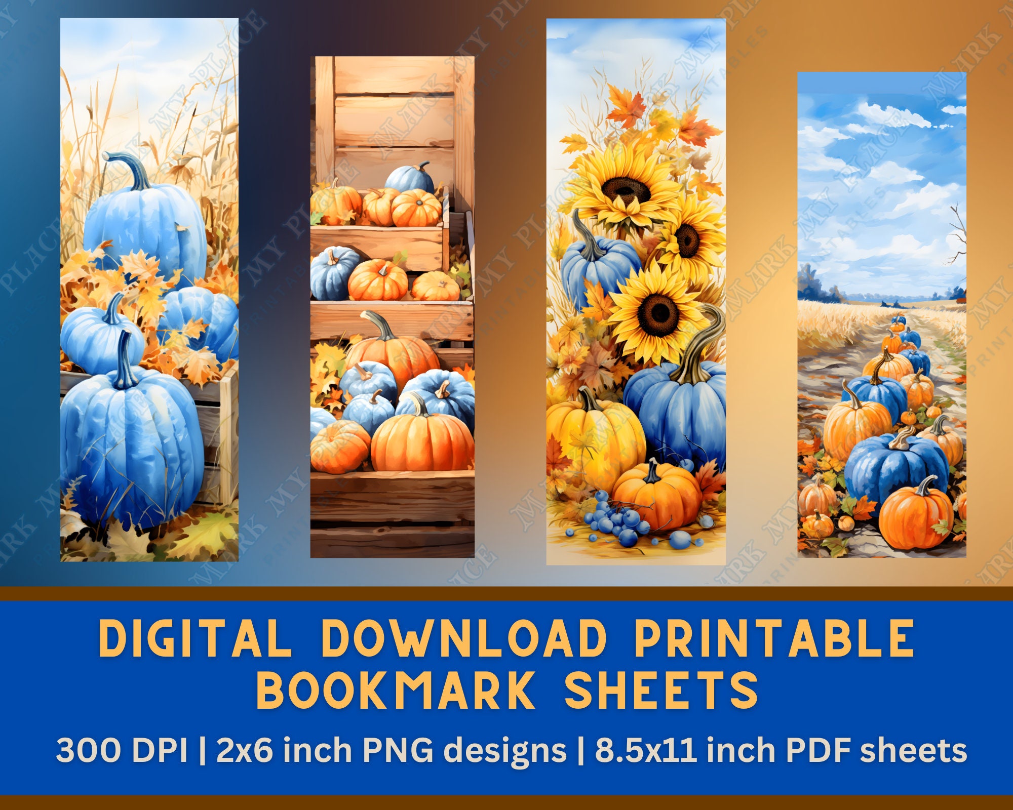 Blue Pumpkin Printable Bookmark Bundle Fall Bookmark Sublimation Print ...
