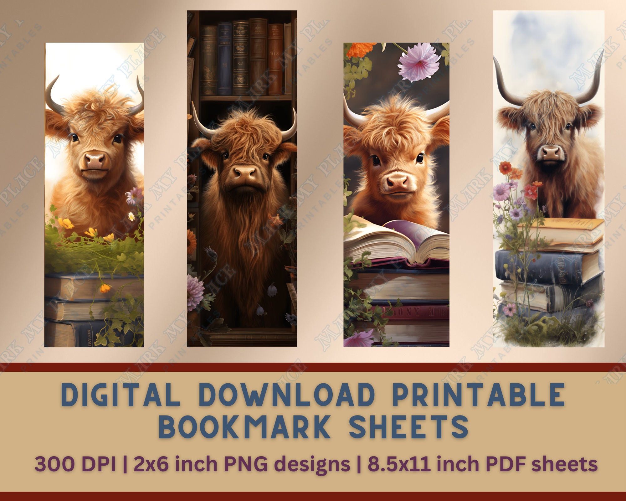 Reading Highland Cow Printable Bookmark PNG Bundle | Animal Bookmark ...