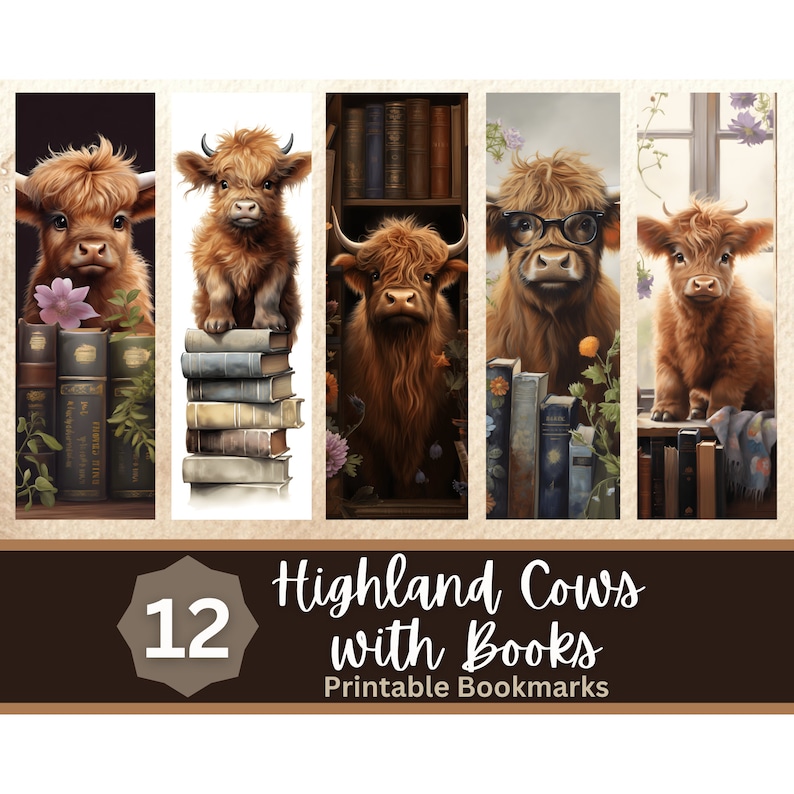 Reading Highland Cow Printable Bookmark PNG Bundle | Animal Bookmark ...