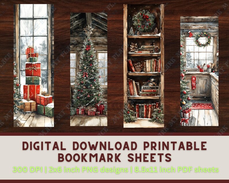 Cozy Christmas Cabin Printable Bookmark PNG Bundle | Rustic Winter ...