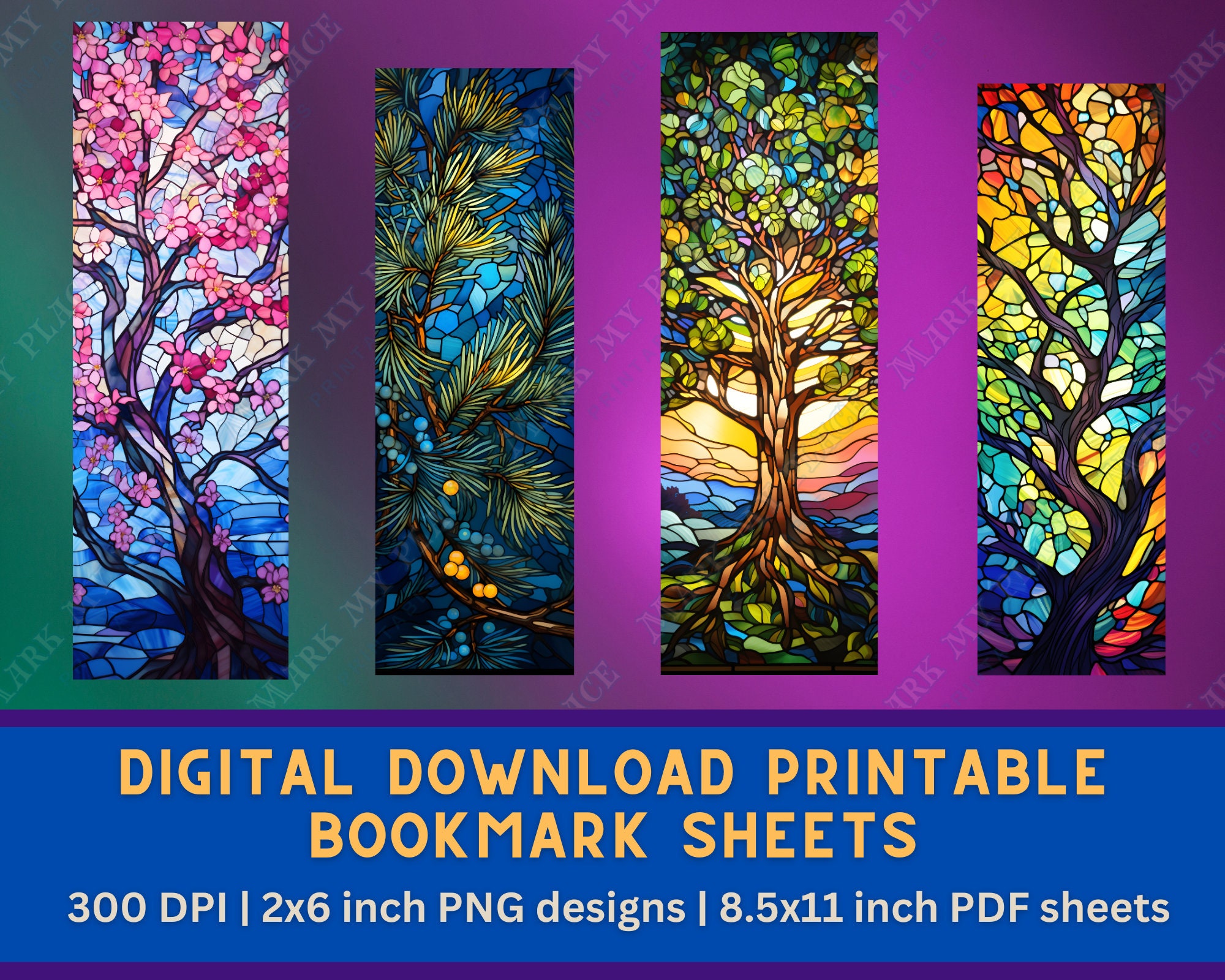 Stained Glass Tree Printable Bookmarks PNG Bundle | Beautiful Nature ...