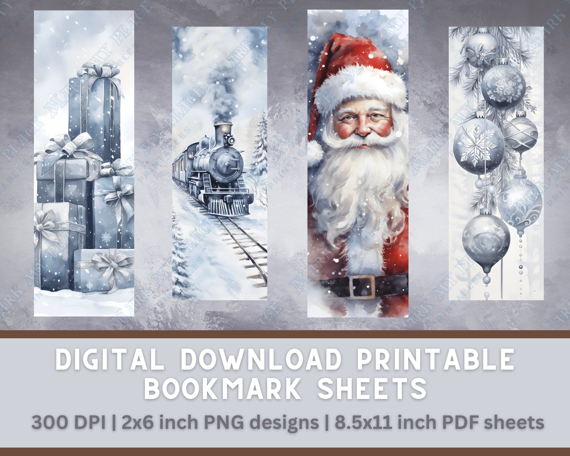 Silver Christmas Printable Bookmarks PNG Bundle | Beautiful Bookmark ...