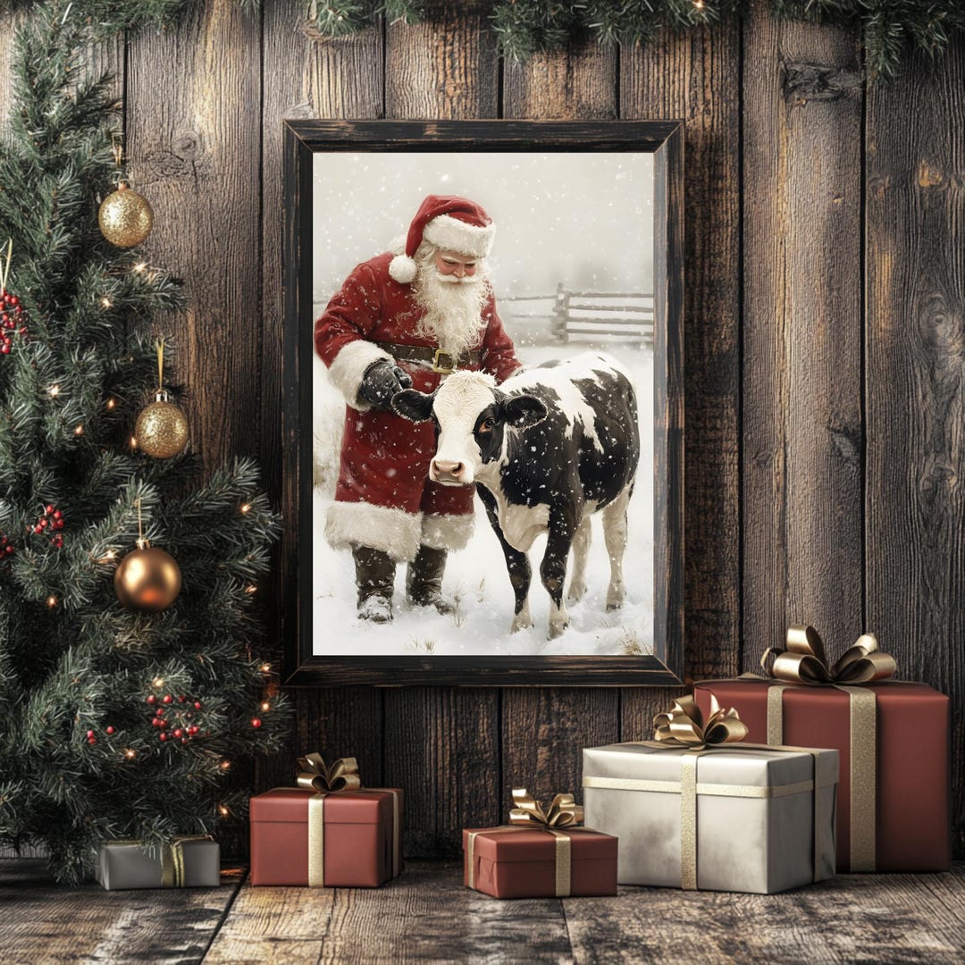 Santa and Christmas Cow Wall Art | Country Santa Christmas Party Decor ...