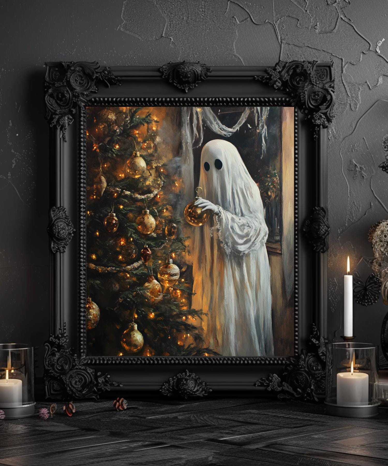 Ghost With Christmas Tree Printable Halloween Wall Art | Dark Moody ...