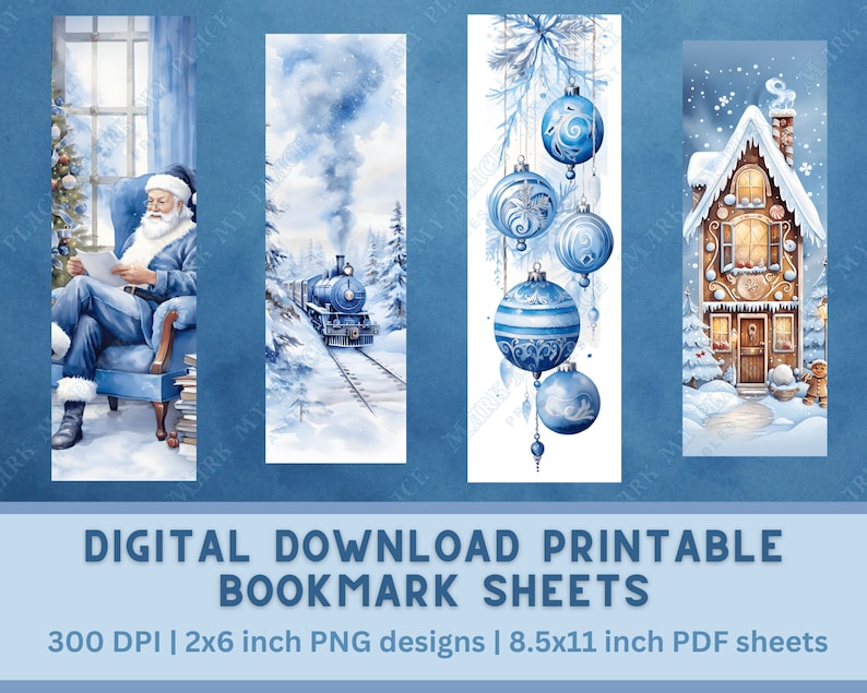 Blue Christmas Printable Bookmarks PNG Bundle | Beautiful Bookmark ...